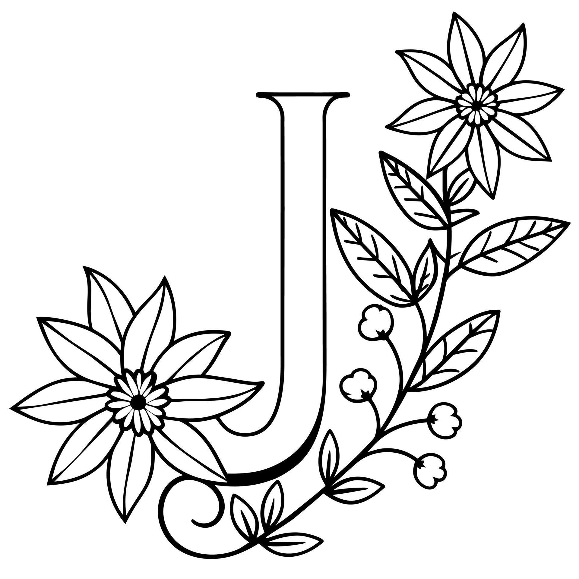 Alphabet J coloring page with the flower, J letter digital outline floral coloring page, ABC ...