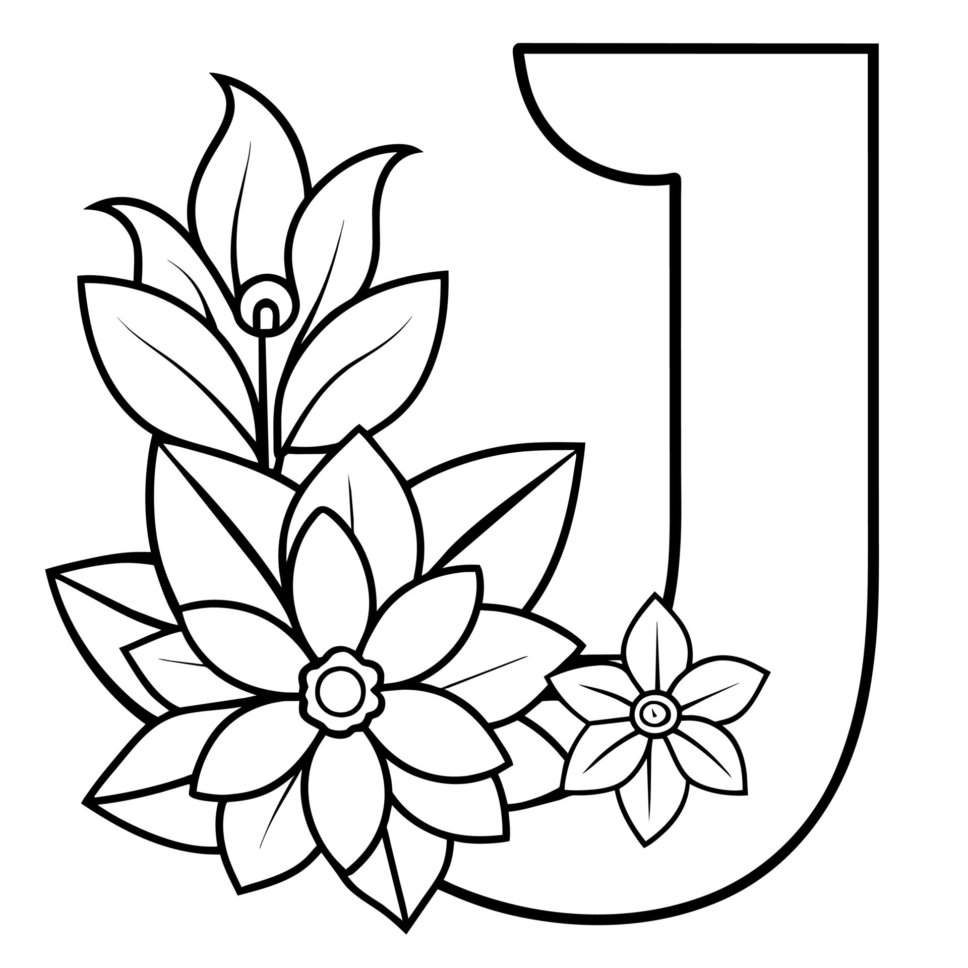 Alphabet J coloring page with the flower, J letter digital outline floral coloring page, ABC ...