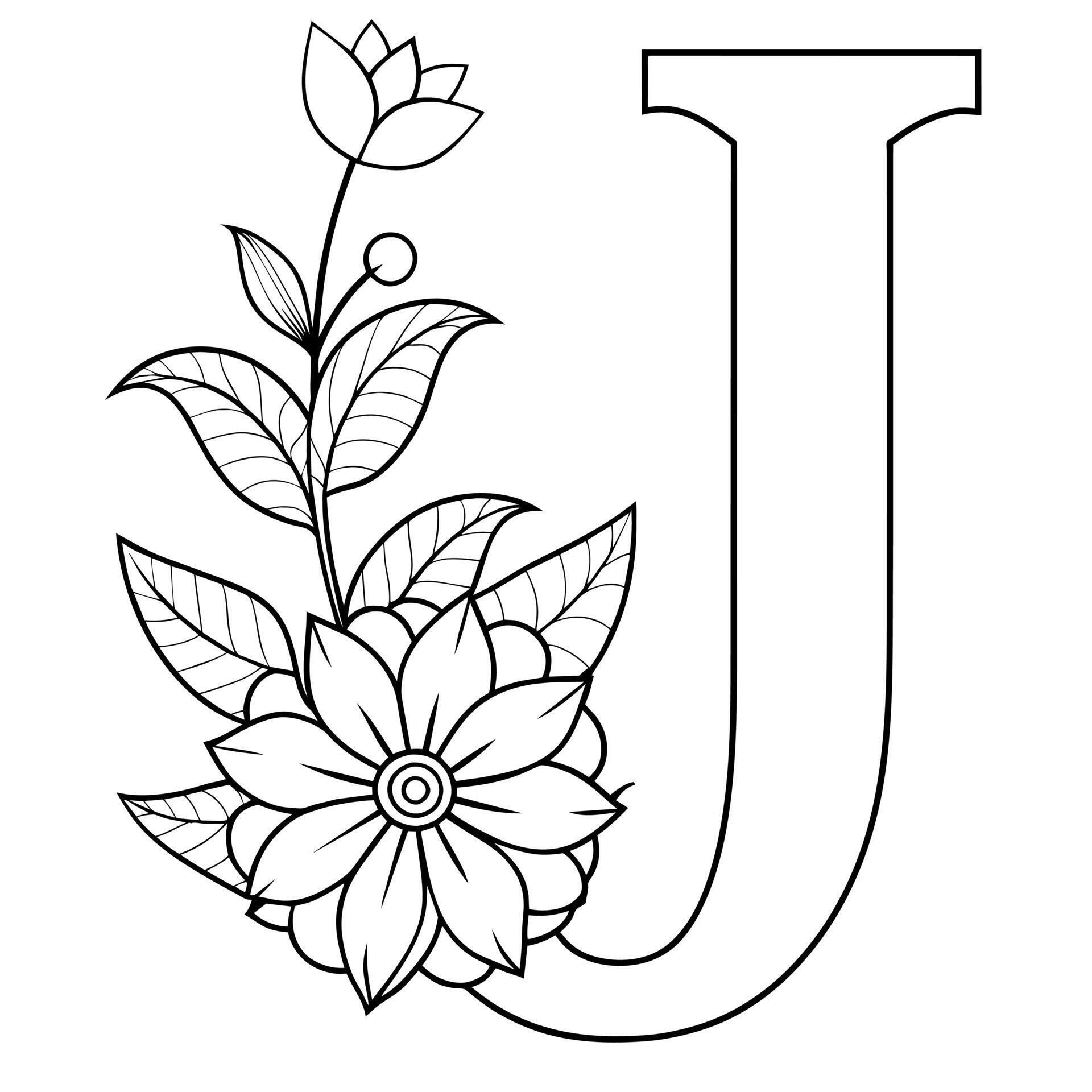Alphabet J coloring page with the flower, J letter digital outline floral coloring page, ABC ...
