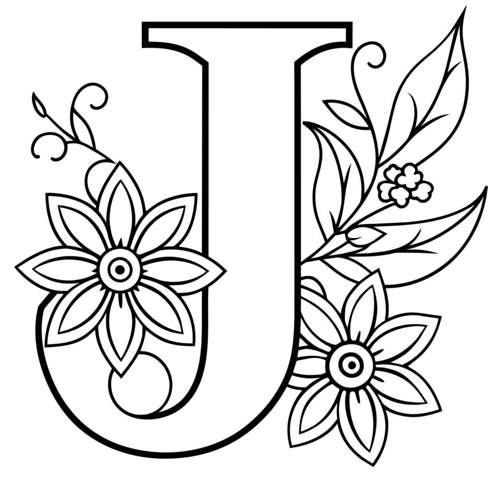 Alphabet J coloring page with the flower, J letter digital outline floral coloring page, ABC ...