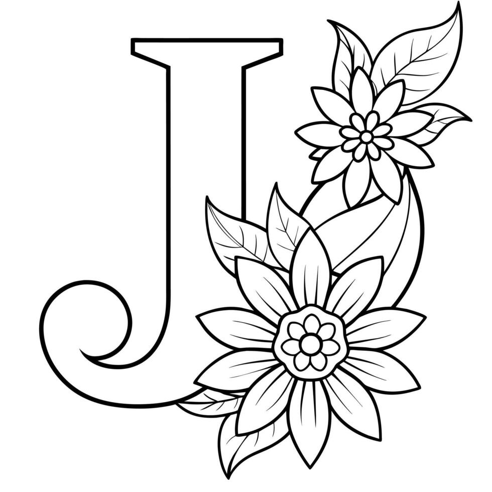 Alphabet J coloring page with the flower, J letter digital outline floral coloring page, ABC ...
