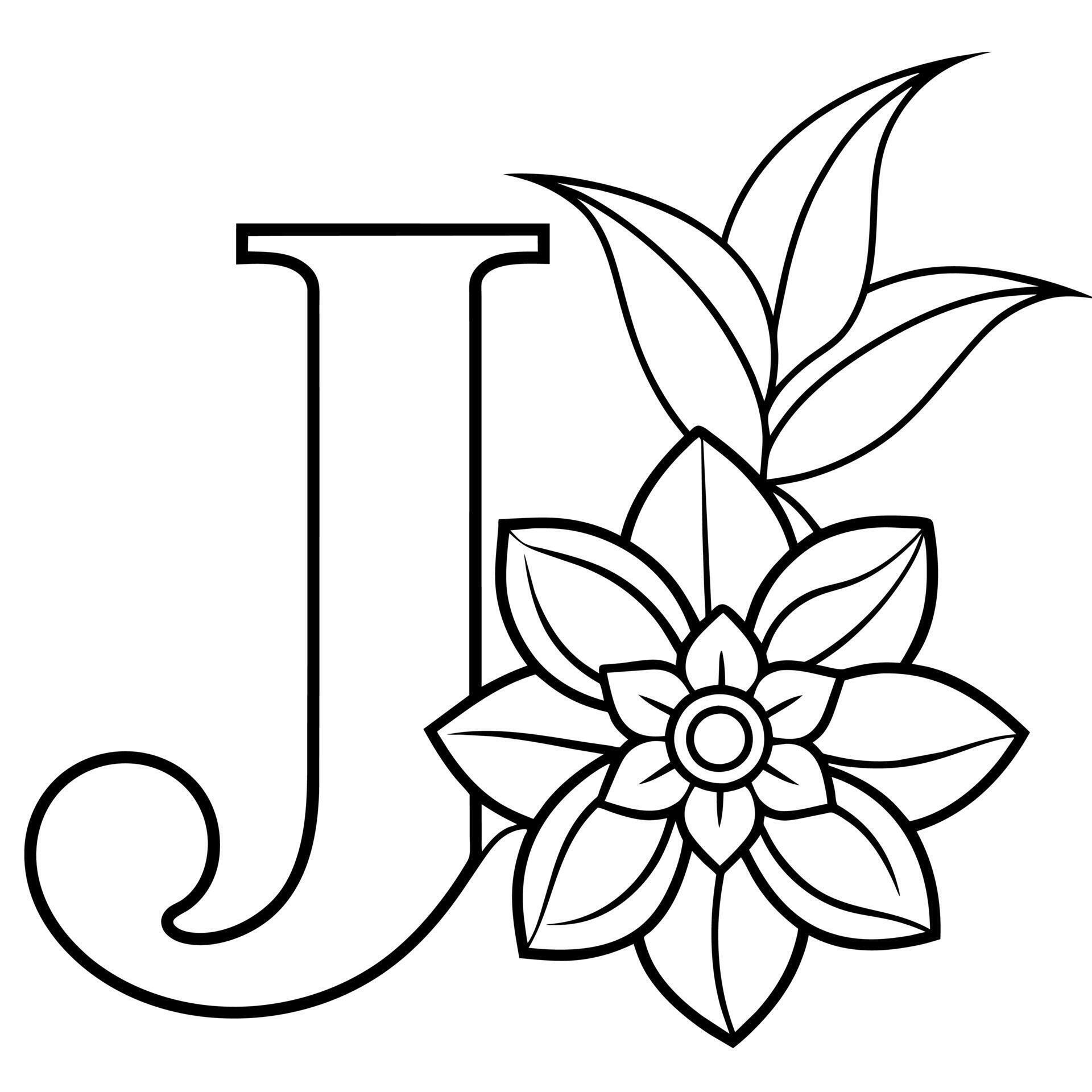 Alphabet J coloring page with the flower, J letter digital outline floral coloring page, ABC ...