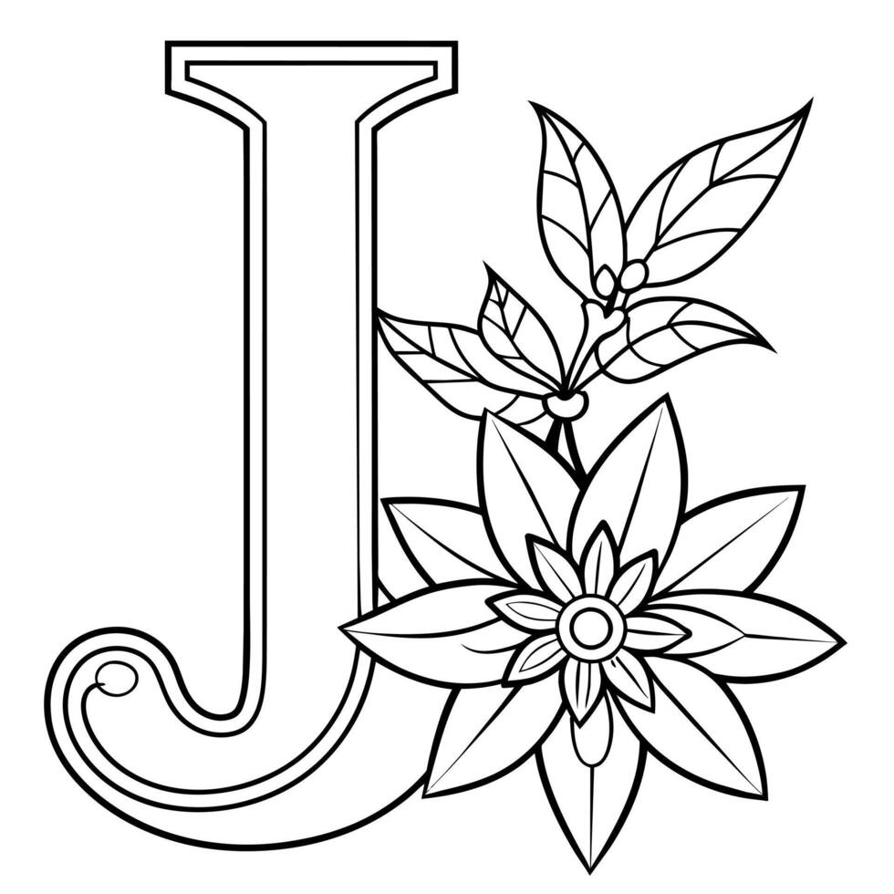 Alphabet J coloring page with the flower, J letter digital outline floral coloring page, ABC ...