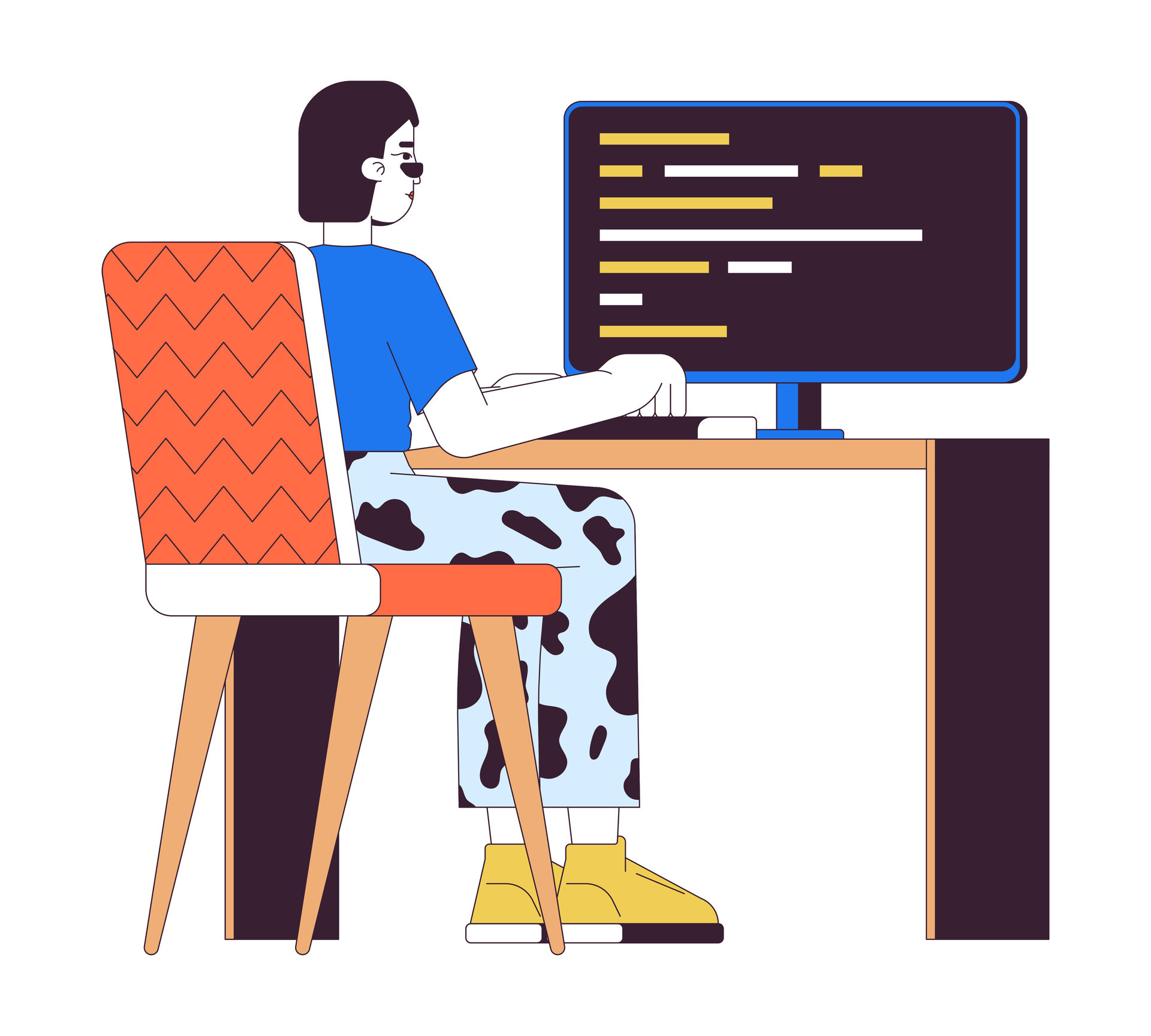Female web developer at work 2D linear cartoon character. Asian woman writing code isolated line ...
