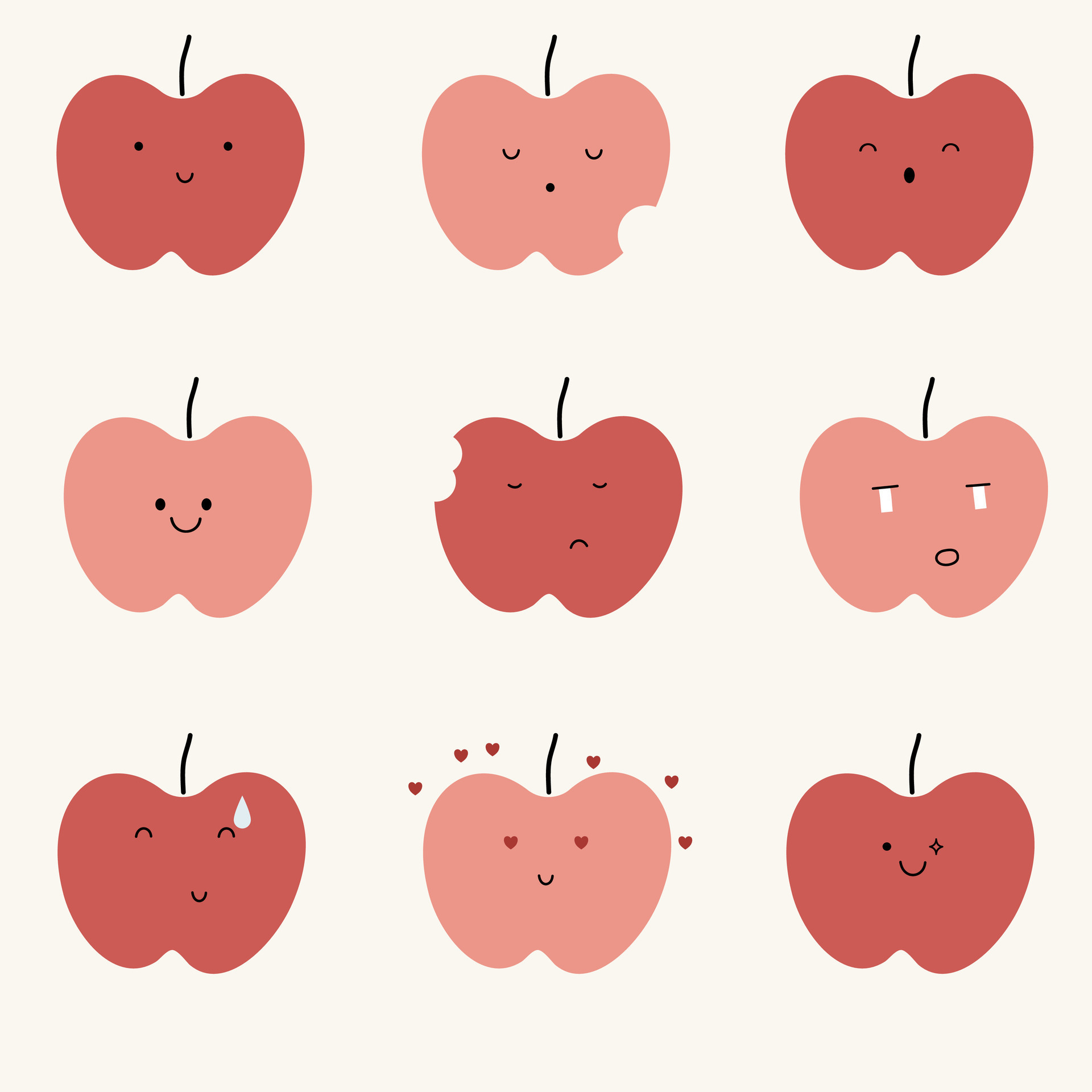 A set of cute hand drawn apple with face expression character pattern ...