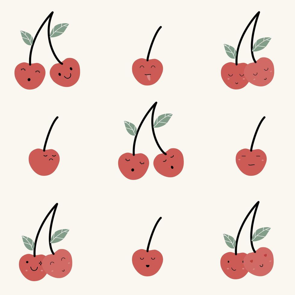A set of cute hand drawn cherry with face expression character pattern ...