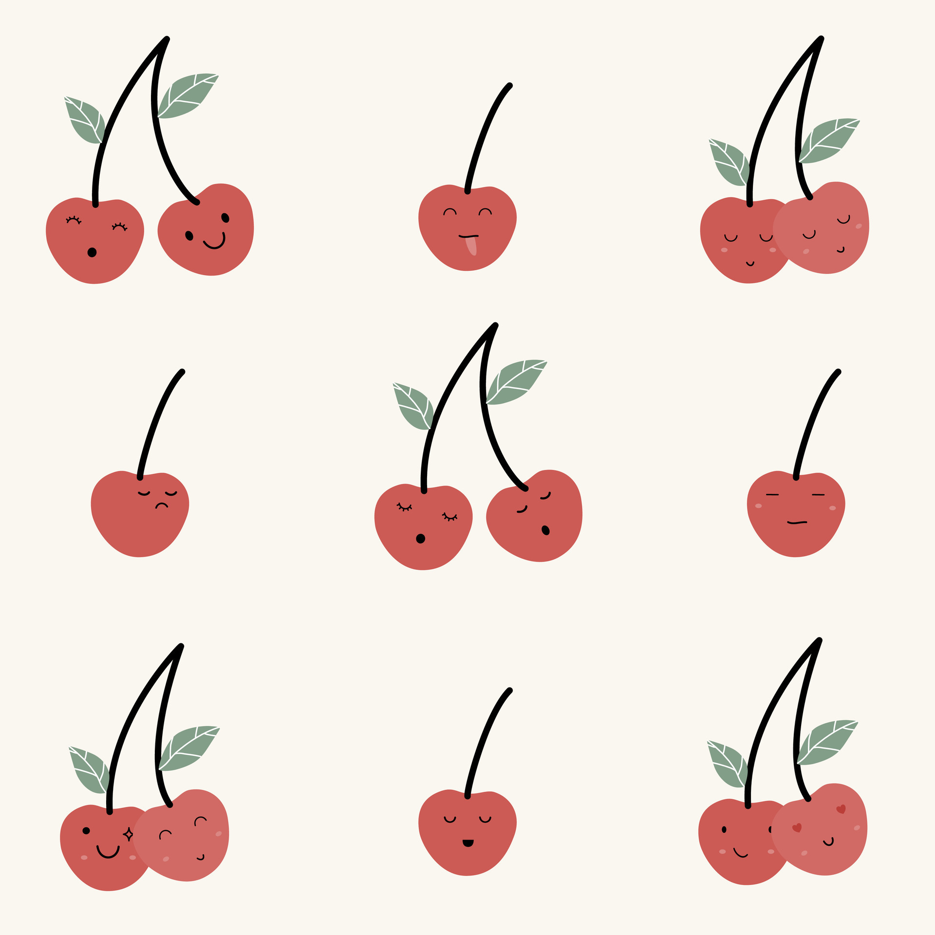 A set of cute hand drawn cherry with face expression character pattern ...