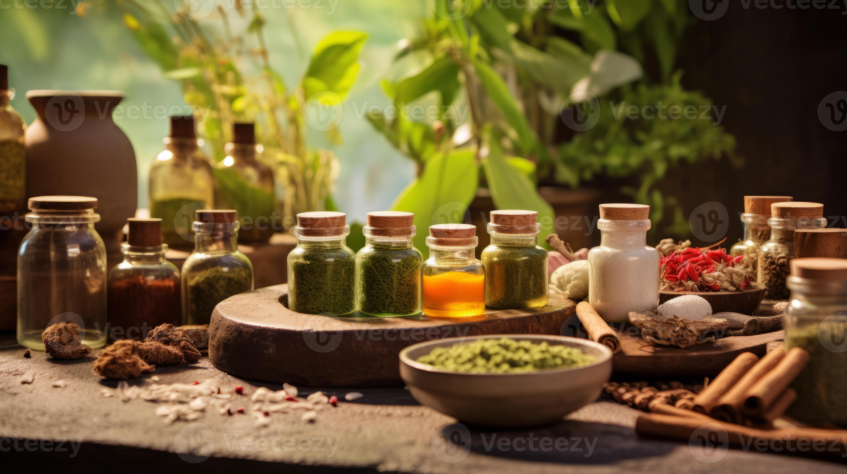 AI generated Ayurvedic herbs and oils arranged in a spa setting. Generative AI 43163861 Stock ...