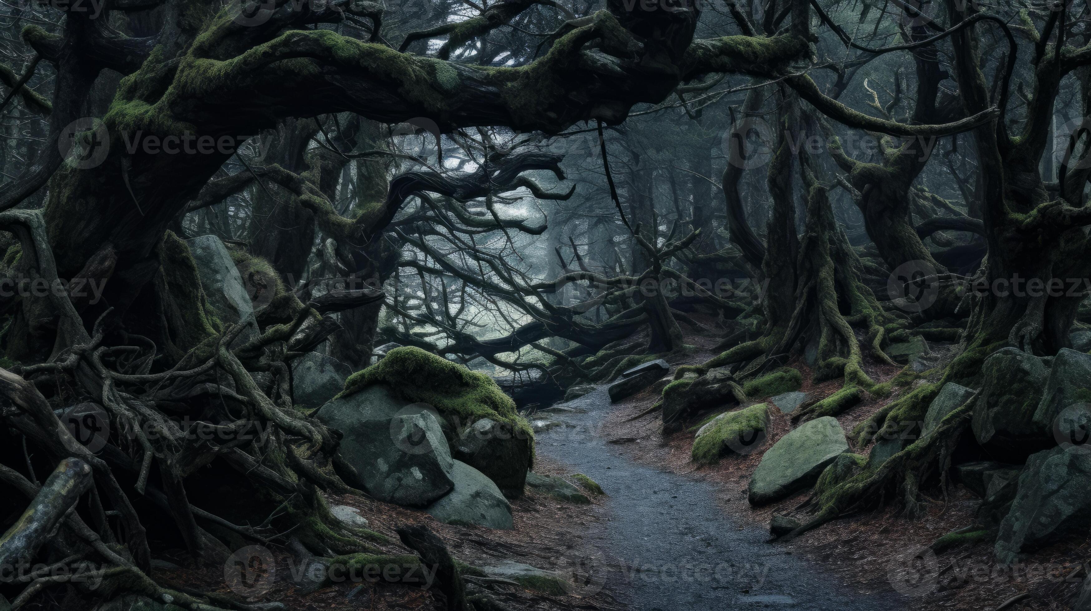 AI generated A haunted forest with twisted, gnarled trees. Generative AI 43166617 Stock Photo at ...