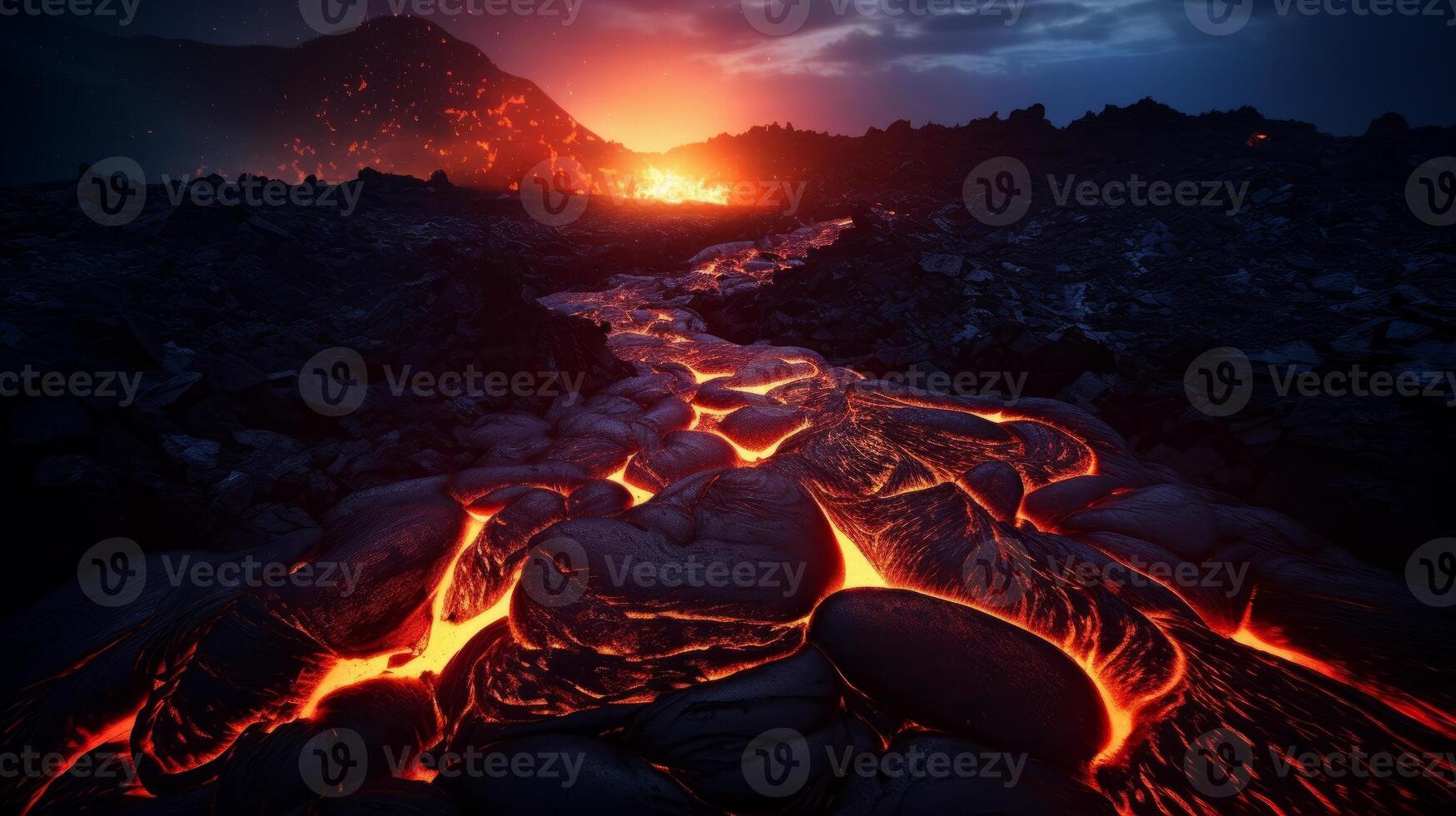 AI generated Glowing lava flows in a volcanic eruption at night ...
