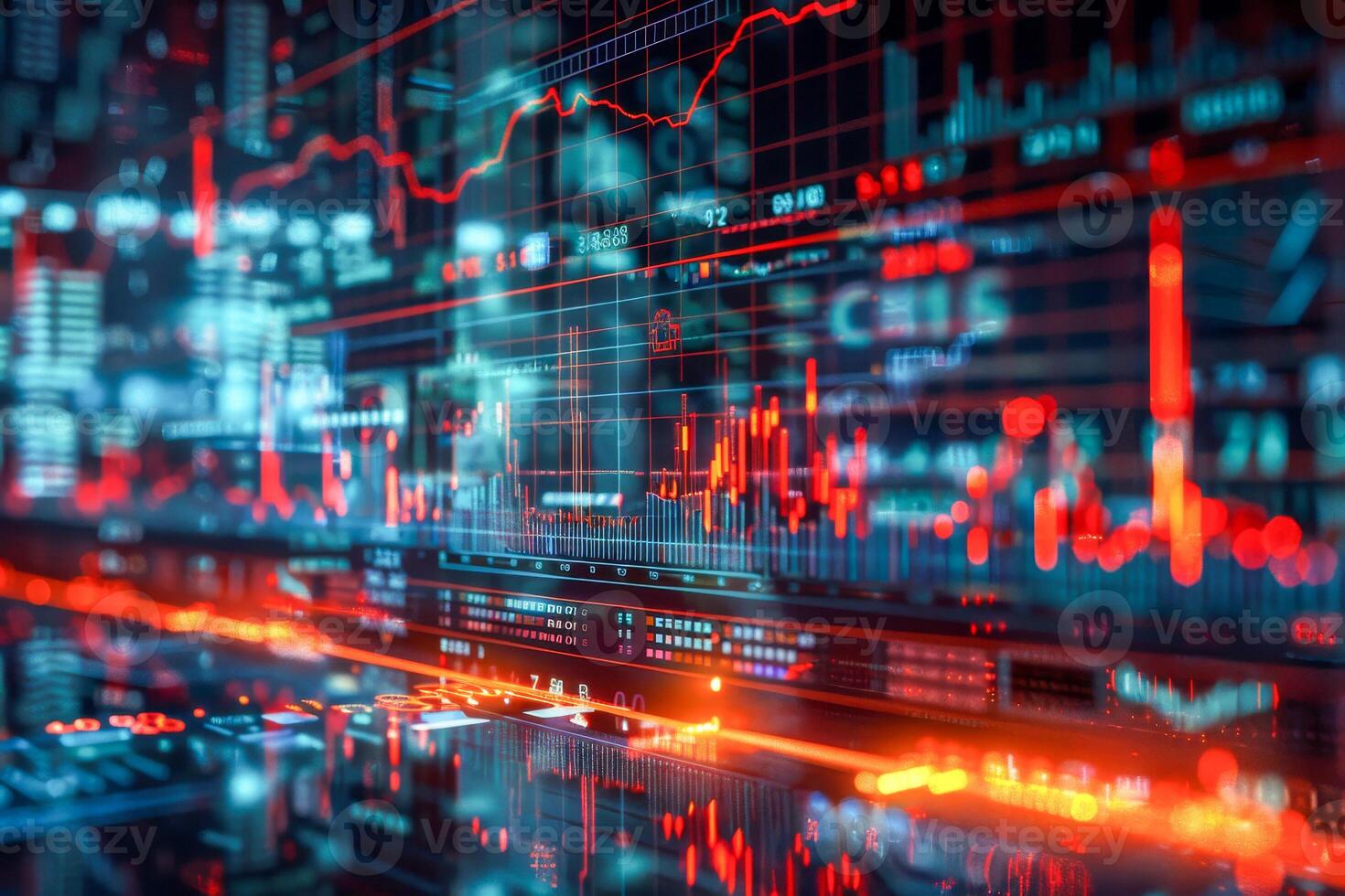 AI generated Composite image showing trading market data on a virtual screen above coin currency ...