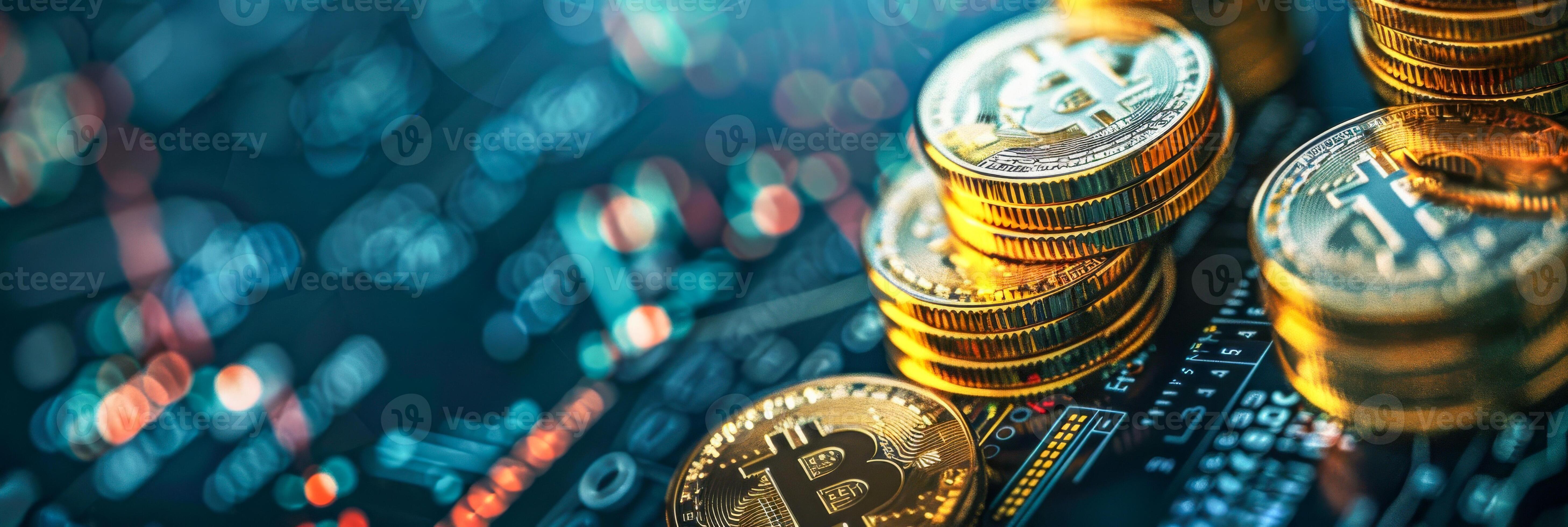 AI generated Gleaming cryptocurrency coins stack on glowing circuit boards, symbolizing the ...