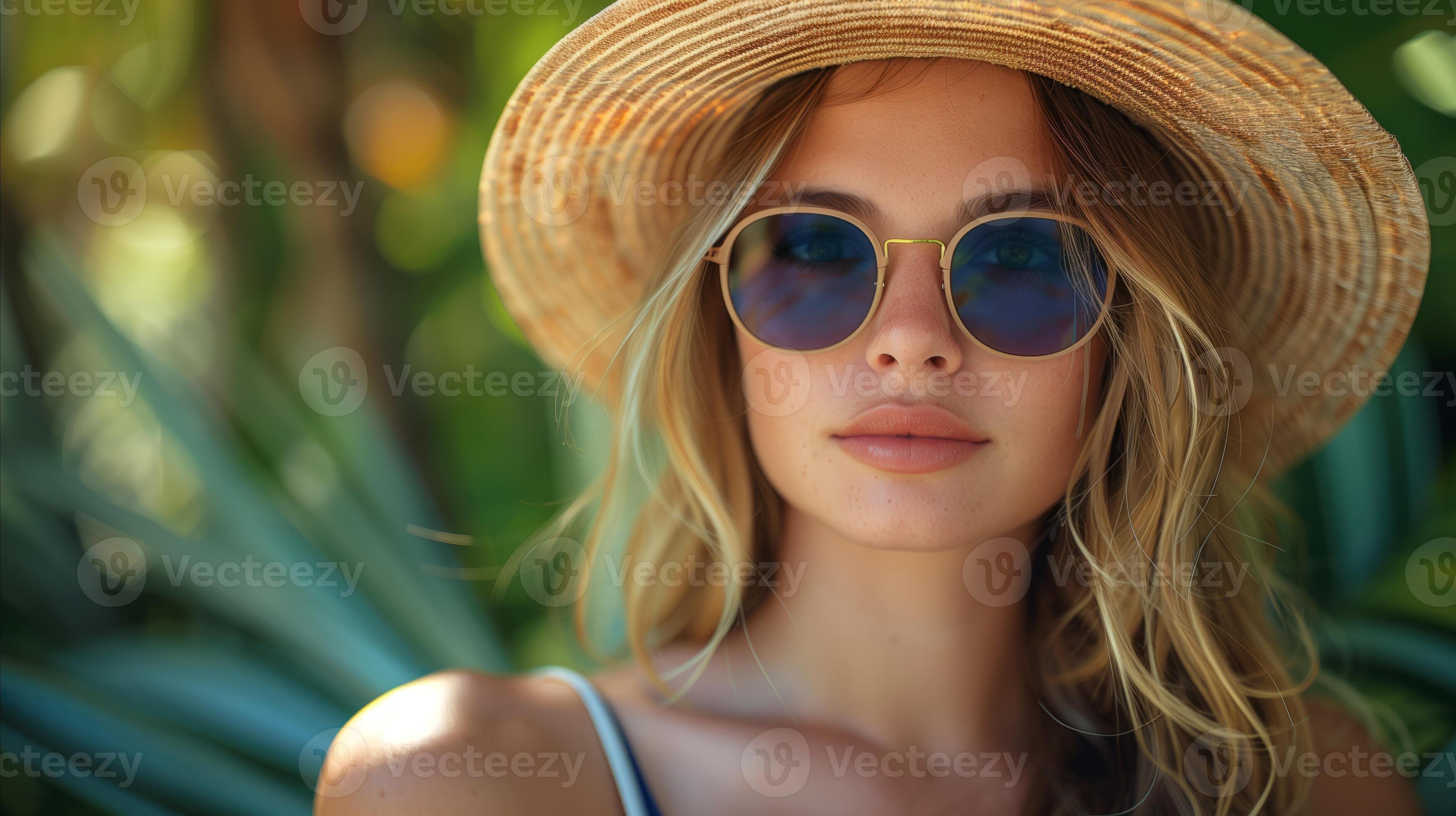 Woman Wearing Straw Hat And Sunglasses In Tropical Setting 43179618