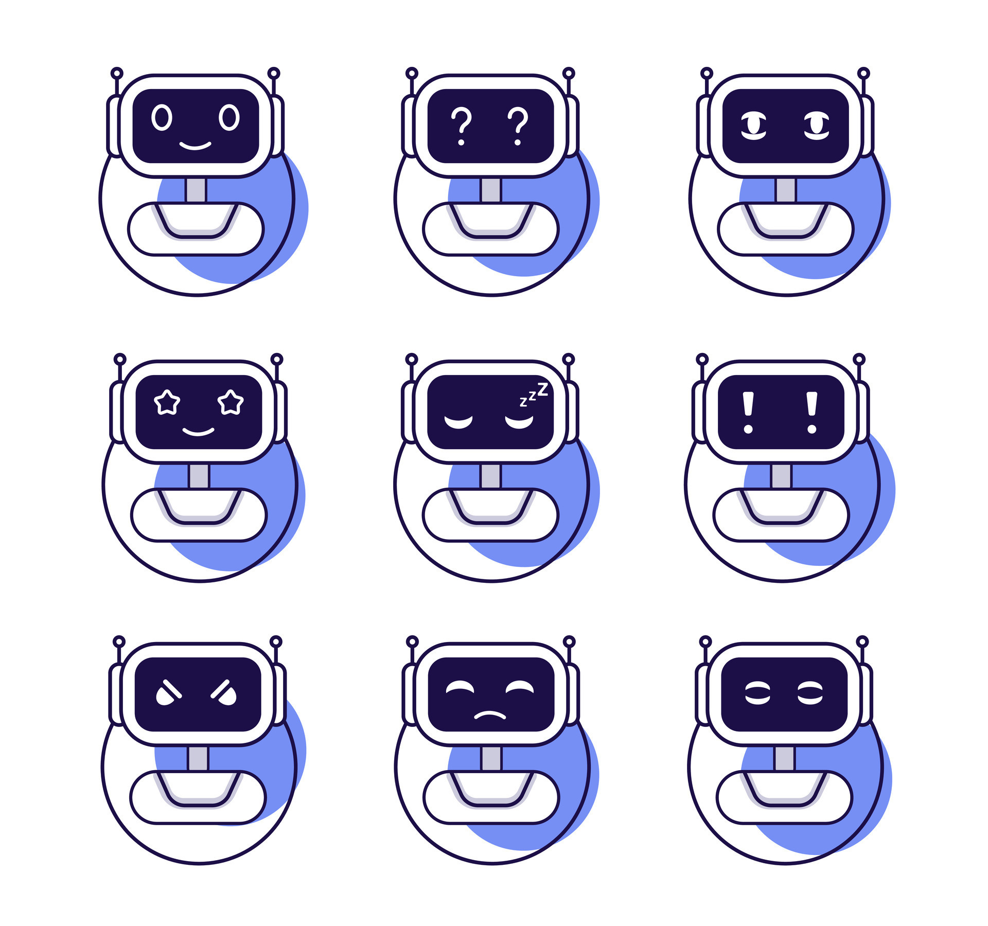Robot emotion set. Chatbot avatar. Chatbot character head with ...