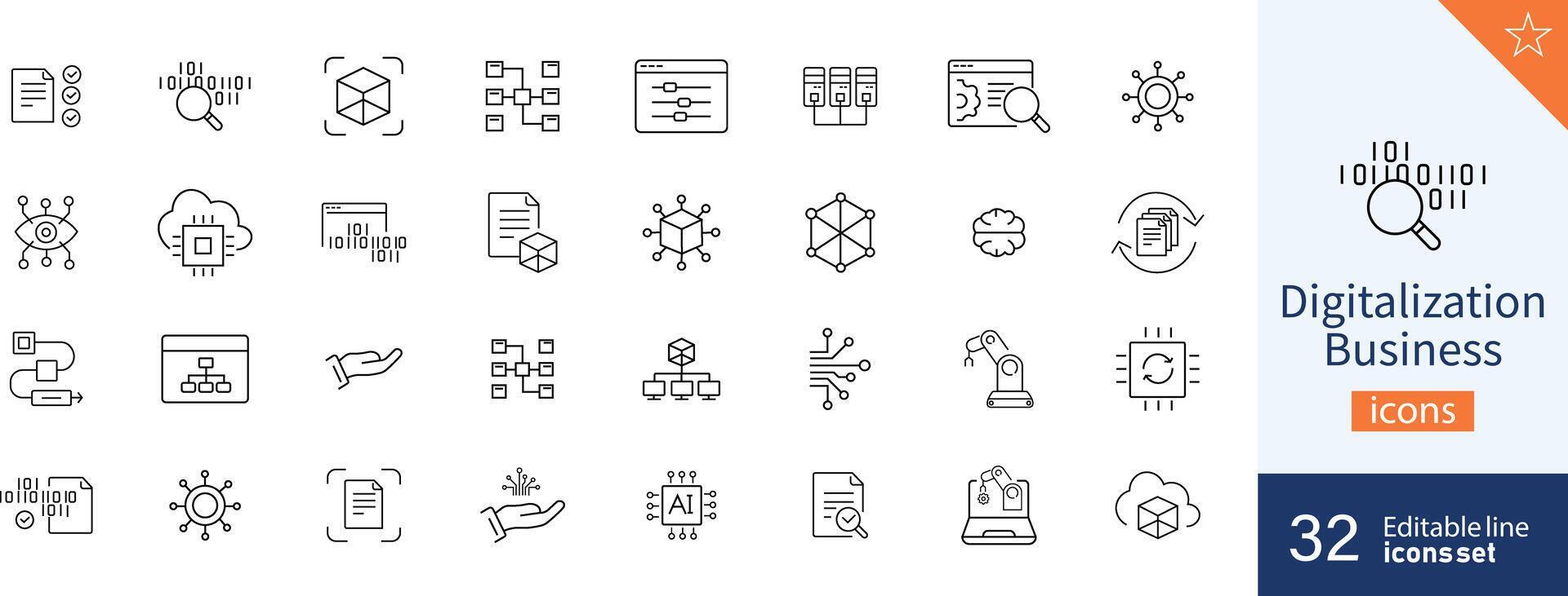 Set Of 32 Digitalization Business Web Icons In Line Style System Datum Digitization Industry