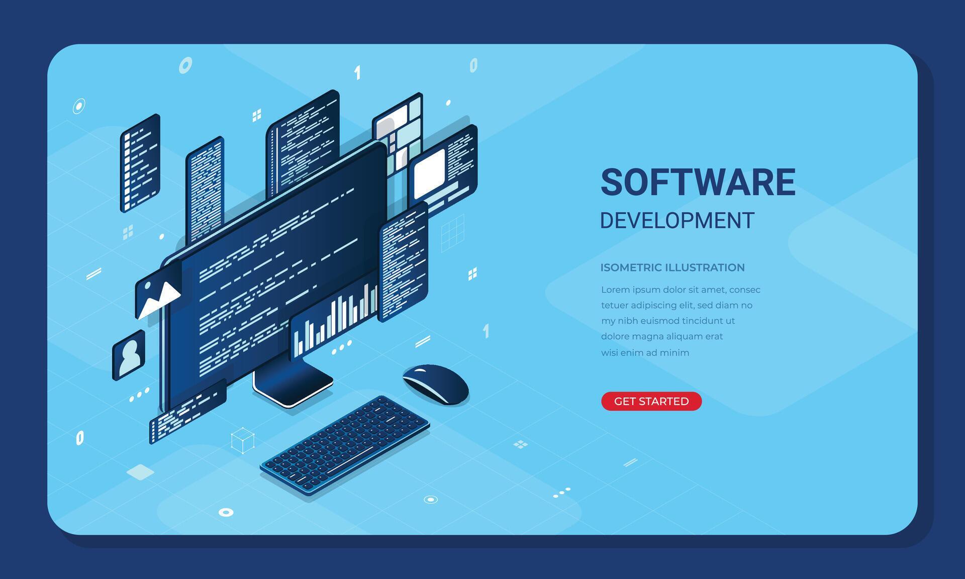Isometric web banner software development. Program code on computer ...