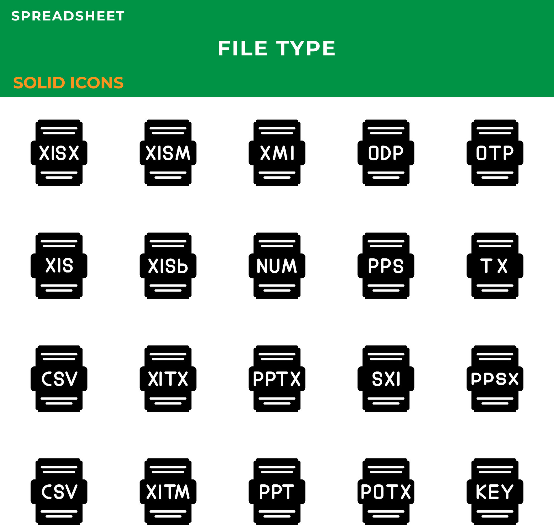 file type icon spreadsheet set. with solid design, files format ...
