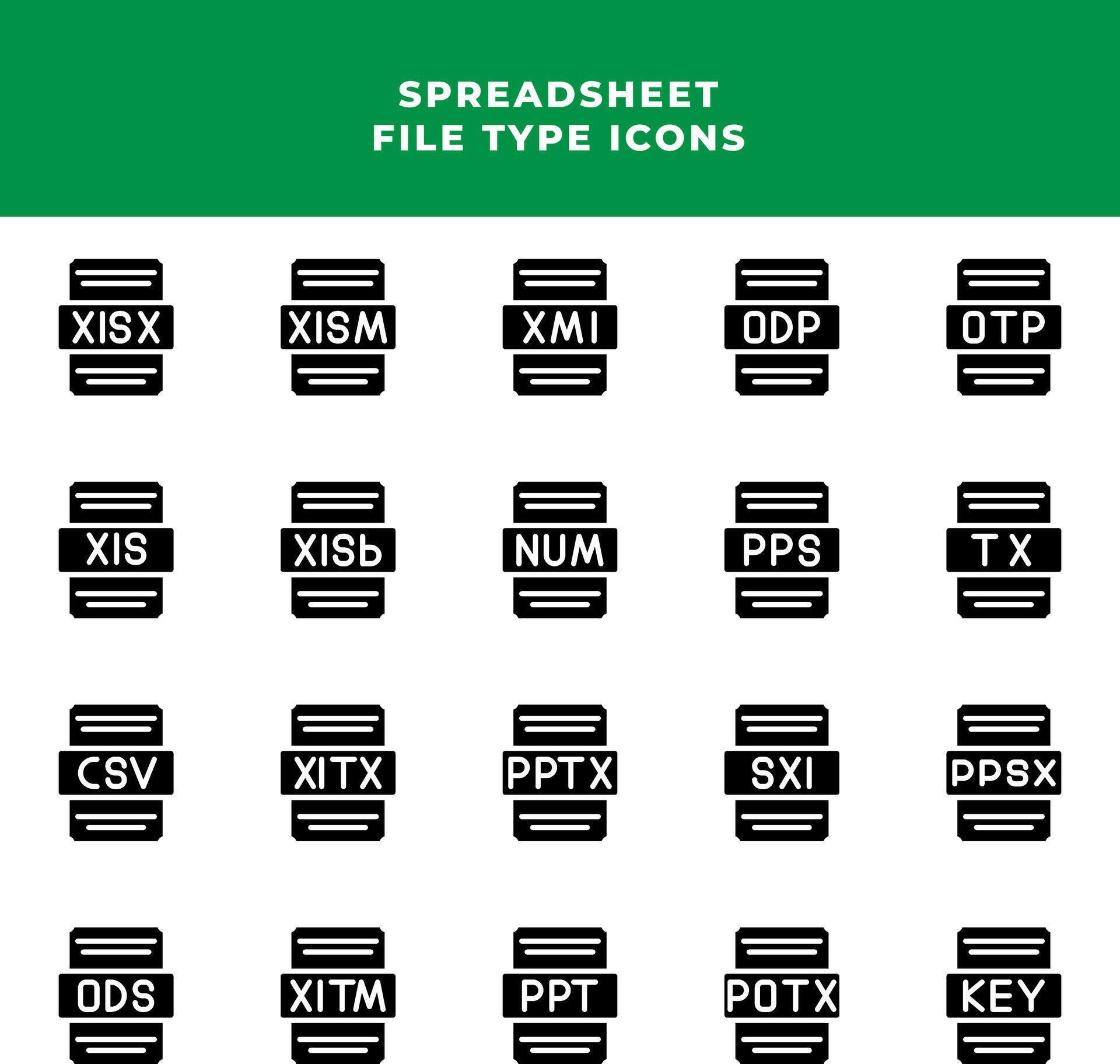 file type icon spreadsheet set. with solid design, files format ...
