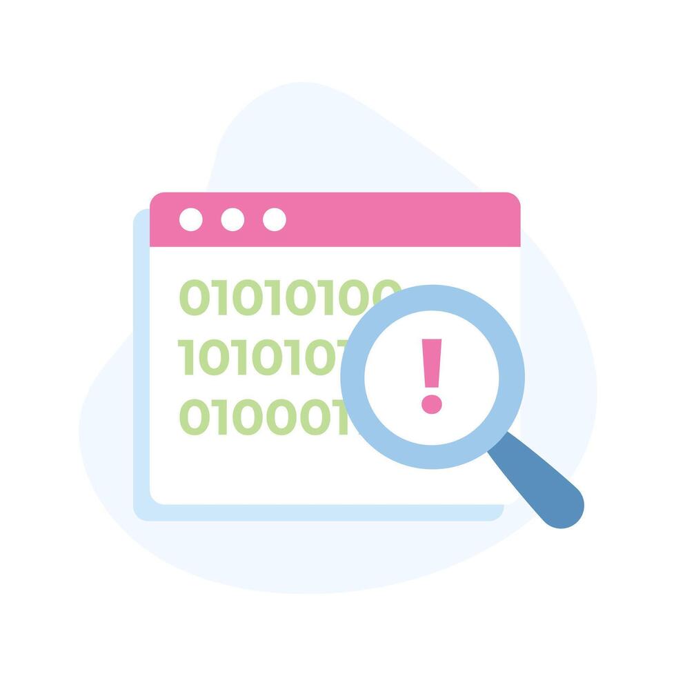 Exclamation mark on magnifier with webpage denoting flat concept icon ...