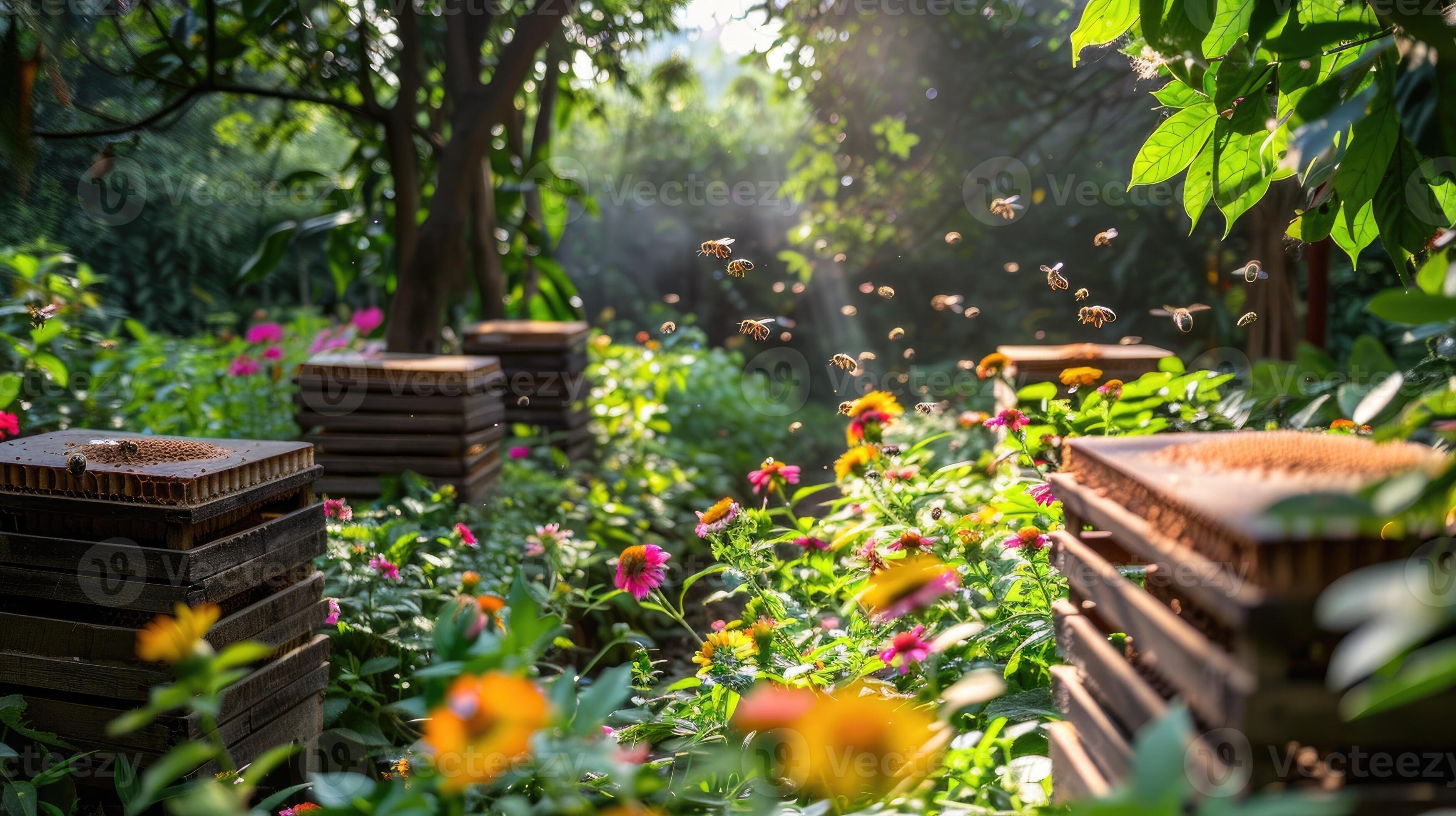 An apiary nestled in a lush garden, beehives arranged neatly among colorful flowers 43191813 ...