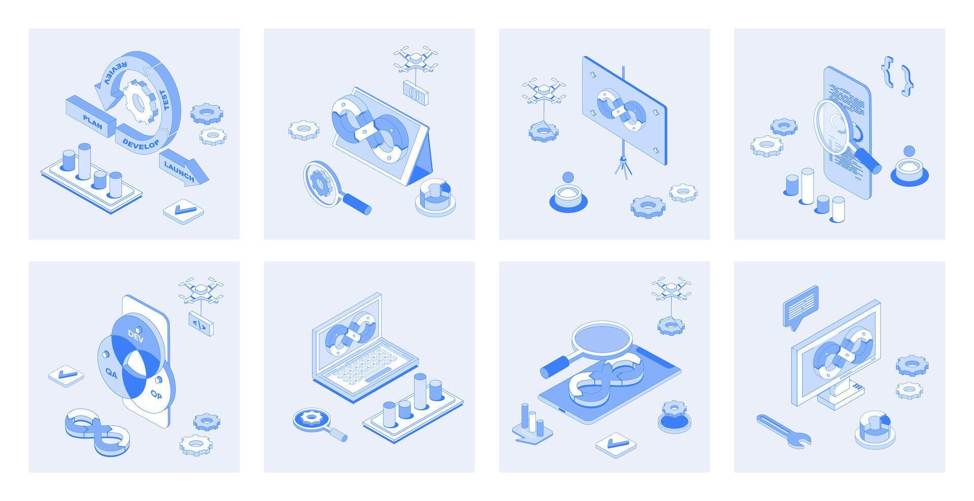 DevOps 3d isometric concept set with isometric icons design for web ...