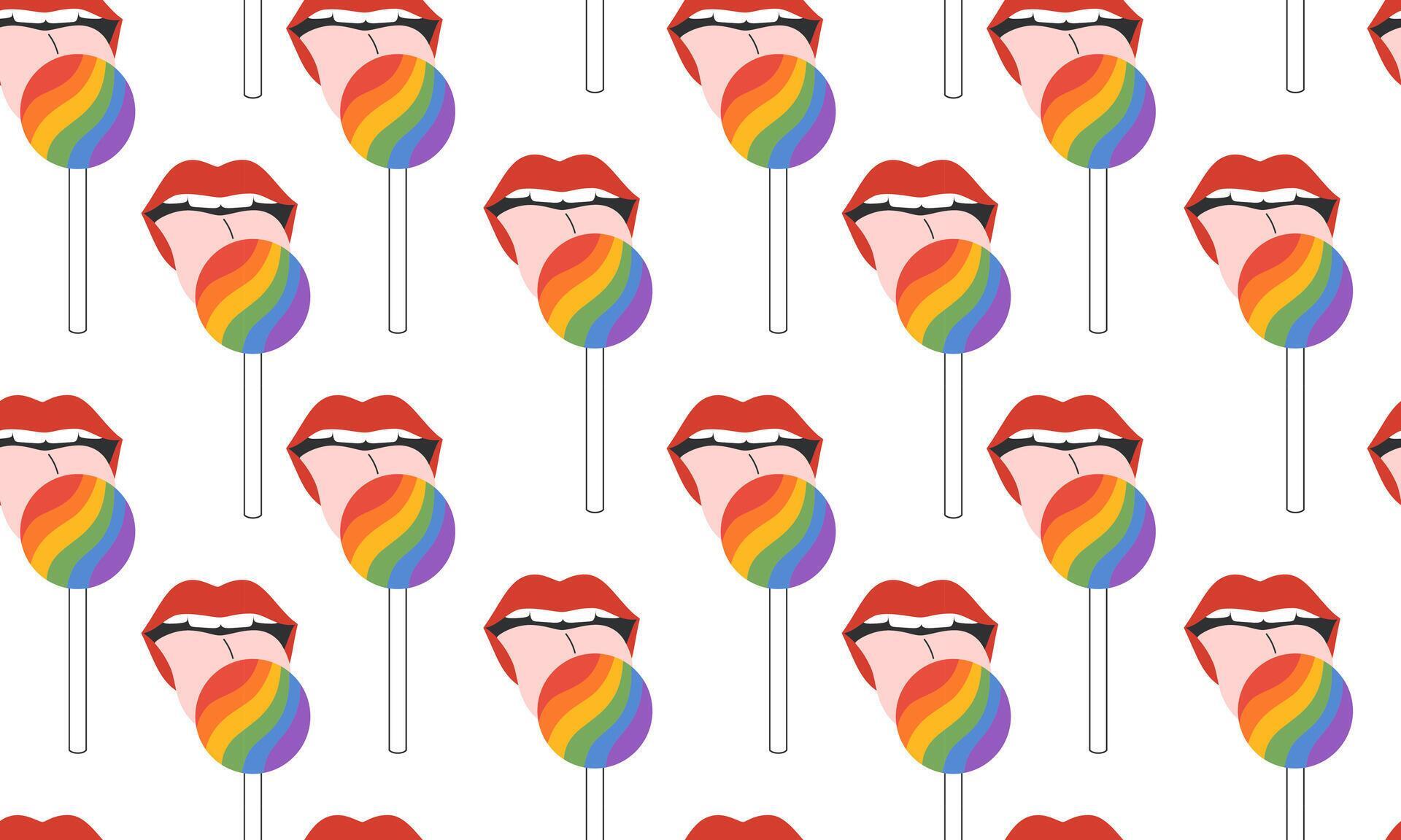Seamless Pattern With Lgbt Rainbow Lollipop Lips In Red Lipstick And