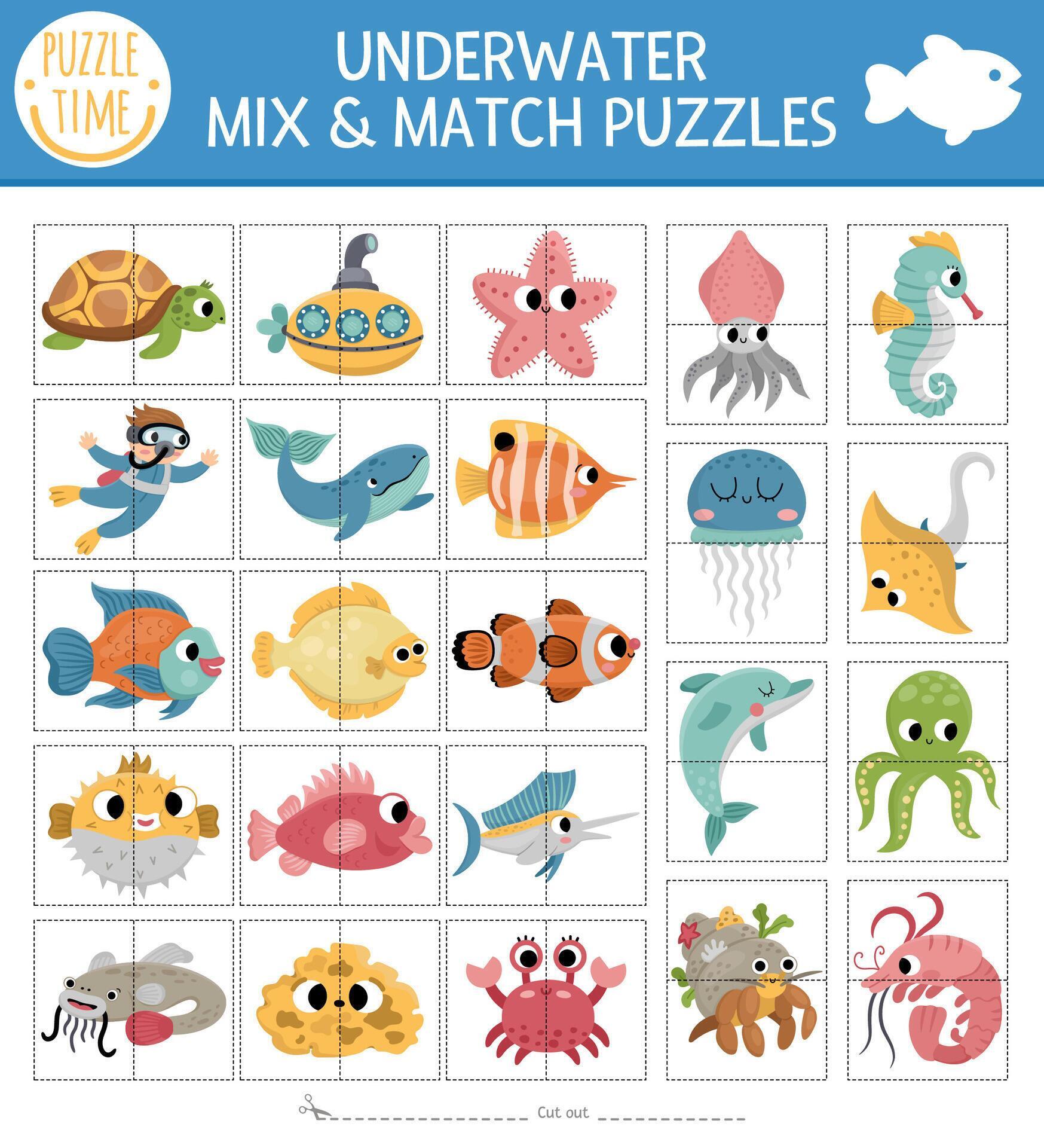 big set of under the sea mix and match puzzle with cute characters ...