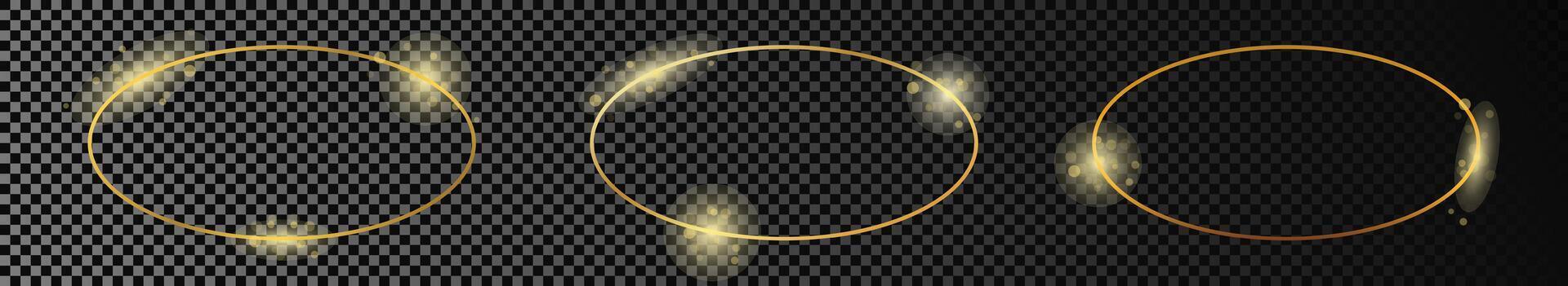 Set of three gold glowing oval shape frames isolated on dark background. Shiny frame with ...