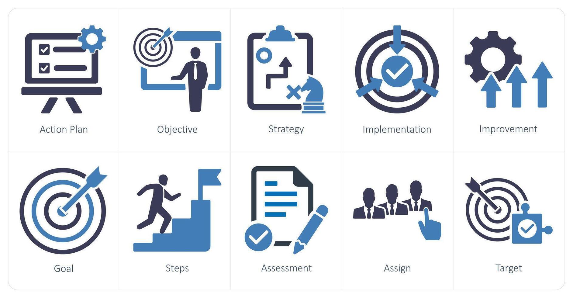 A set of 10 action plan icons as action plan, objective, strategy ... A set of 10 action plan icons as action plan, objective, strategy ...