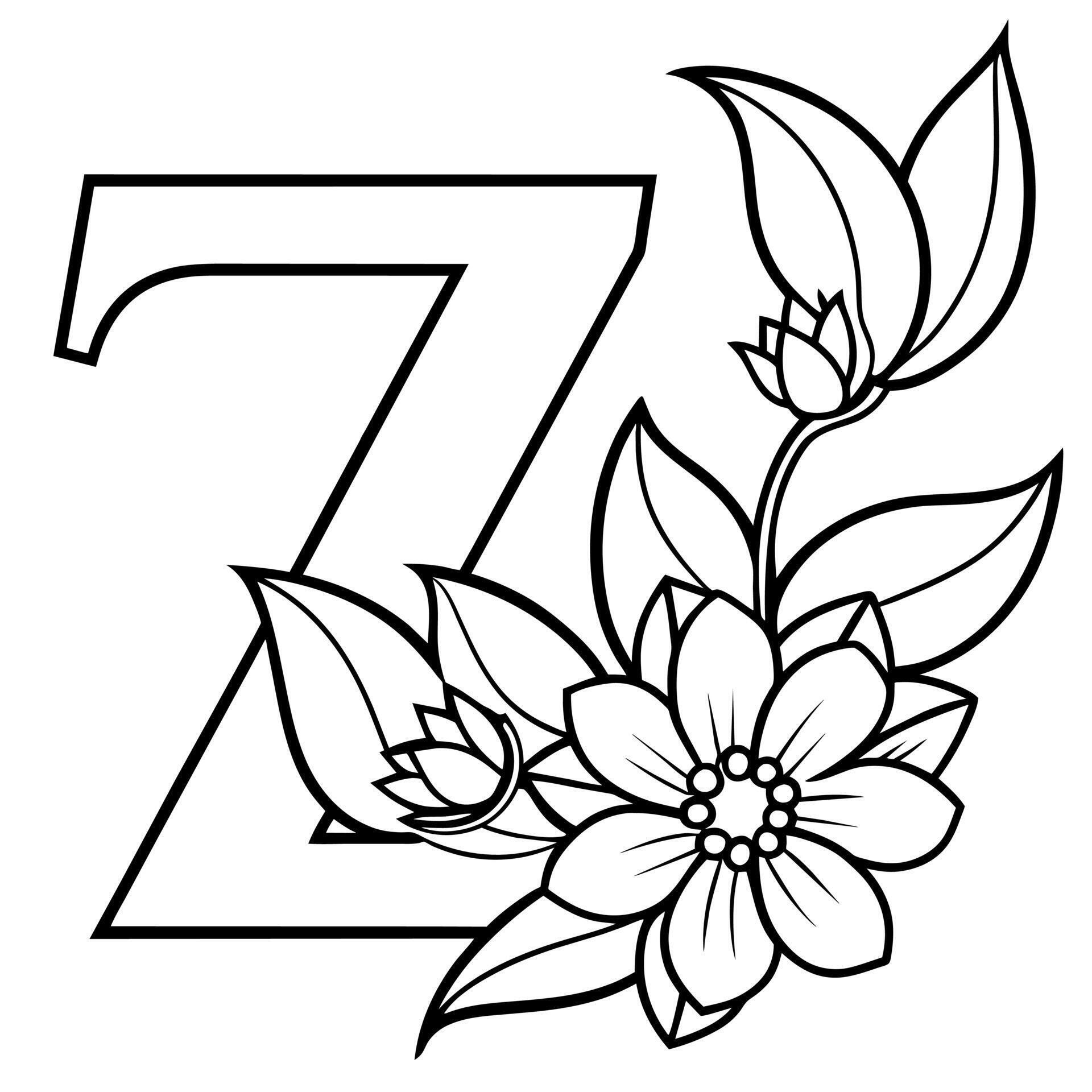 Alphabet Z coloring page with the flower, Z letter digital outline floral coloring page, ABC ...