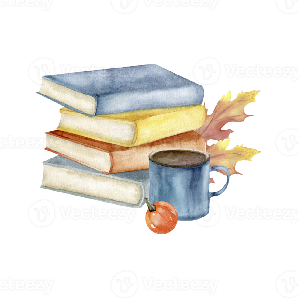 Autumn clipart with books, cacao cup and orange leaves. Cozy, warm fall ...