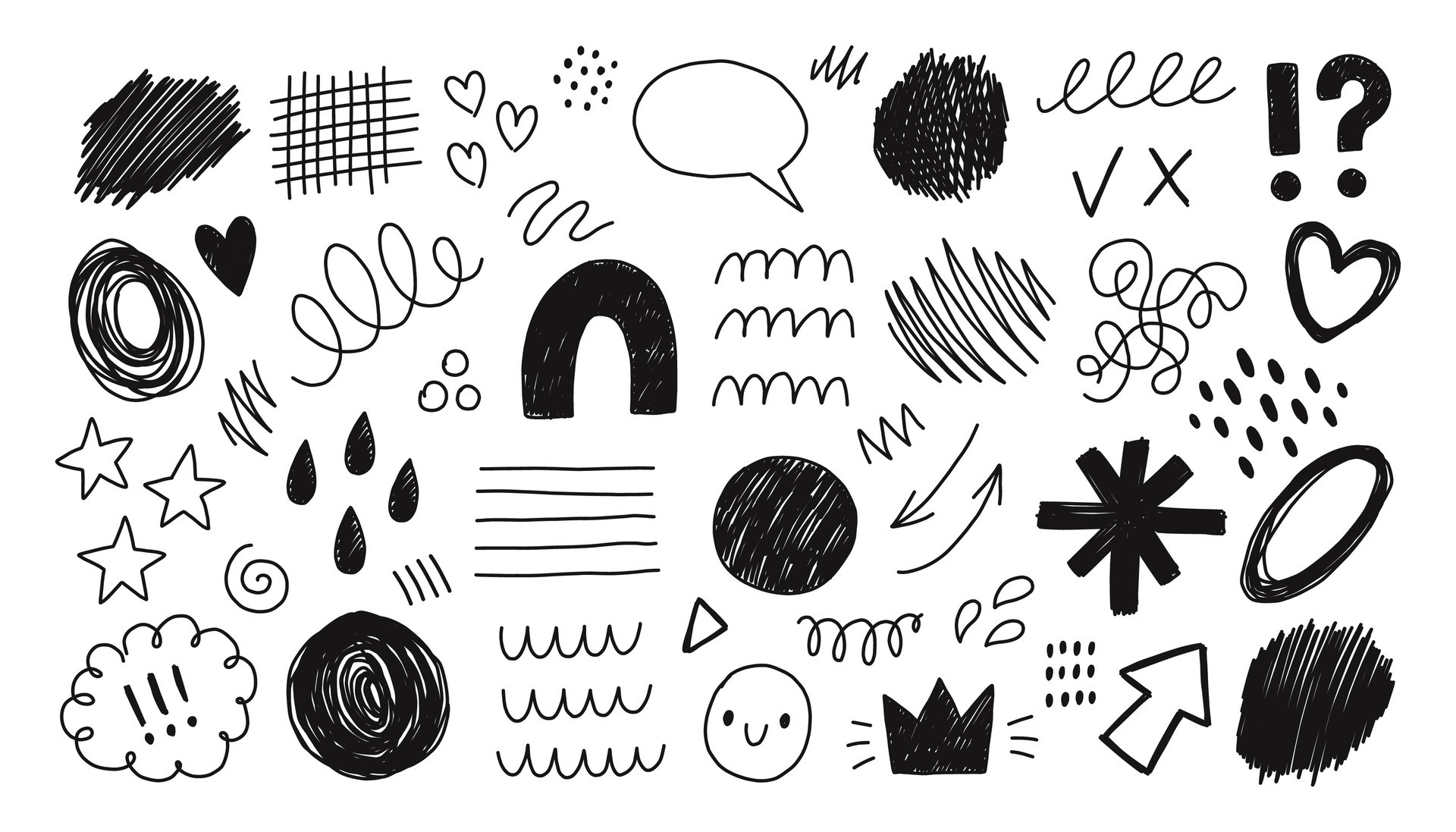 Hand drawn doodle design elements, black on white background. Curly ...