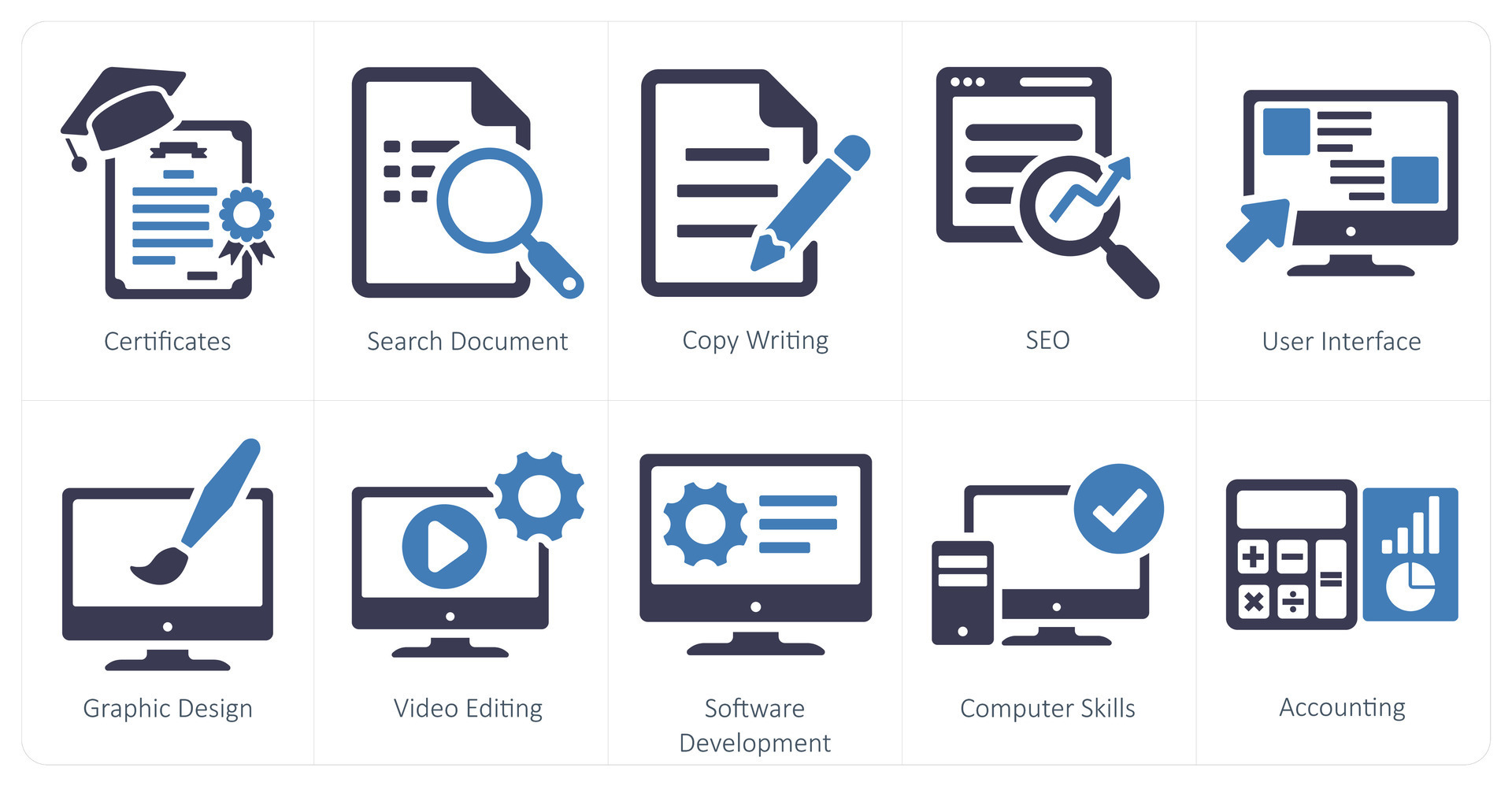 A set of 10 hard skills icons as certificates, search document, copy ...