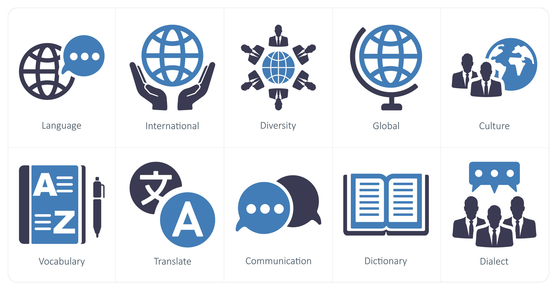 A set of 10 language icons as language, international, diversity ...