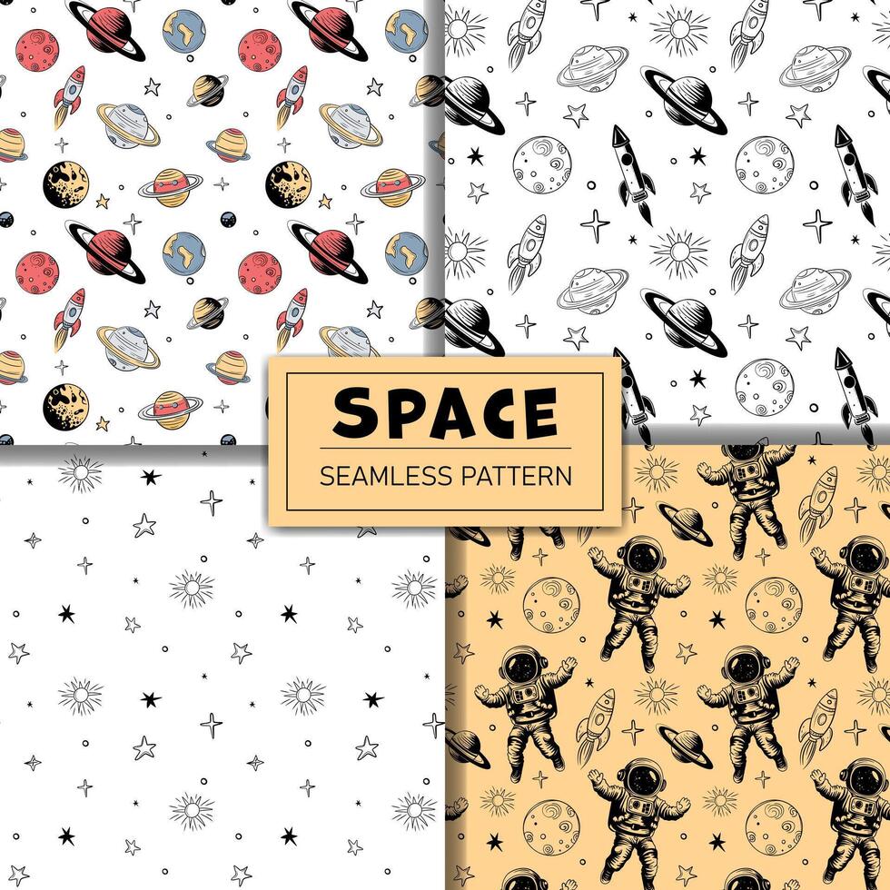 Set of monochrome space patterns. Seamless pattern with planets ...