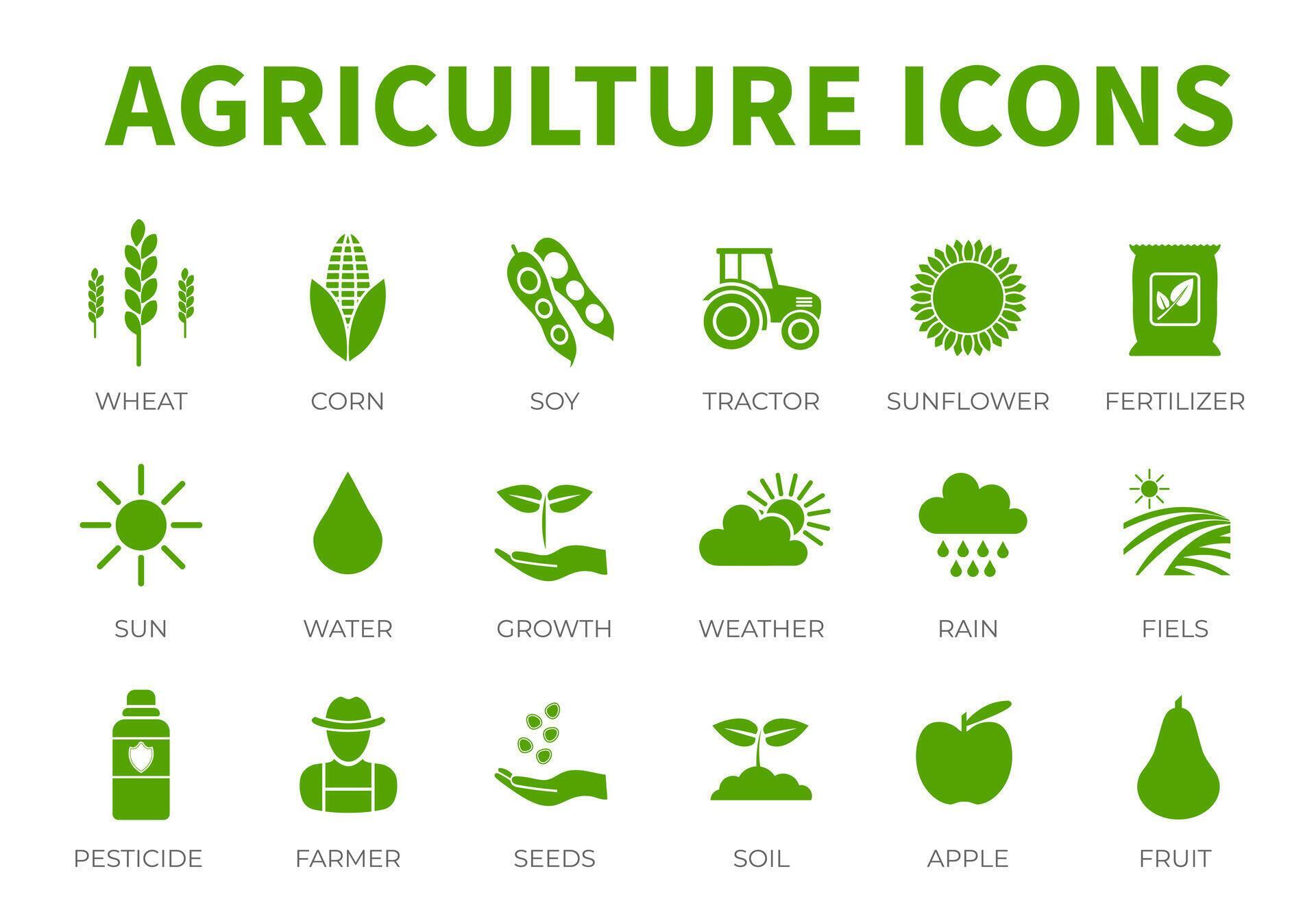 Agriculture Icon Set of Wheat, Corn, Soy, Tractor, Sunflower, Fertilizer, Sun, Water, Growth ...