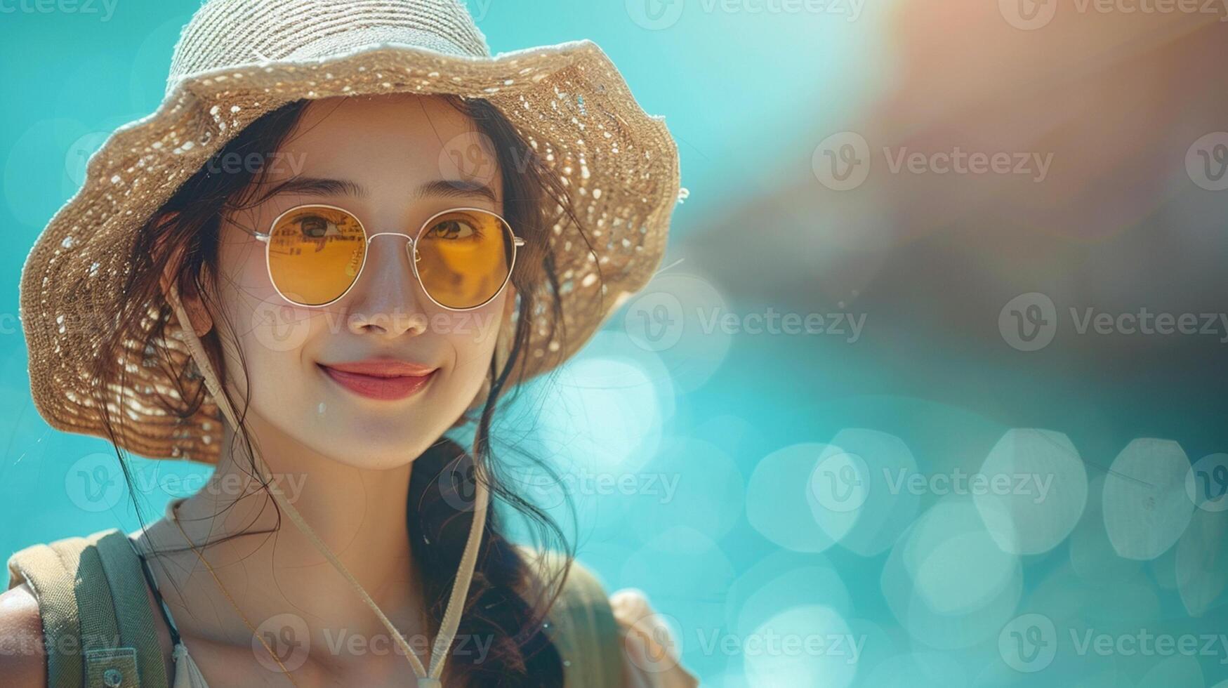 Portrait Of Beautiful Asian Woman Wearing Straw Hat And Sunglasses