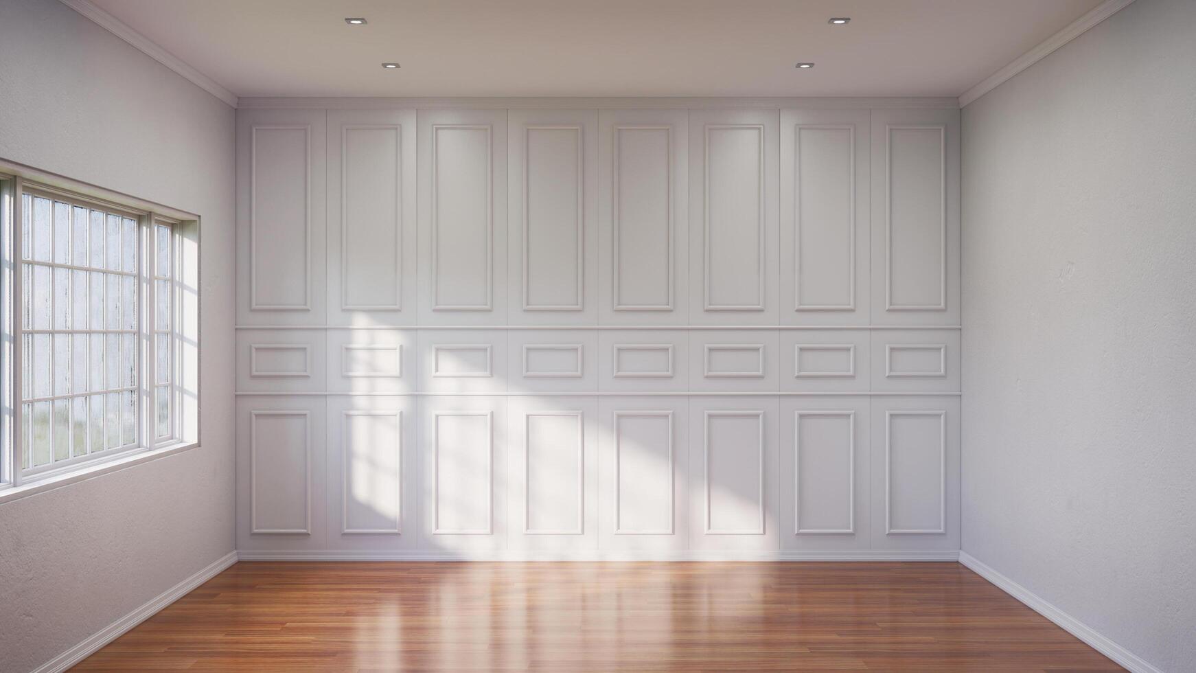 Illuminated empty room interior design. 3D rendering for mock up ...