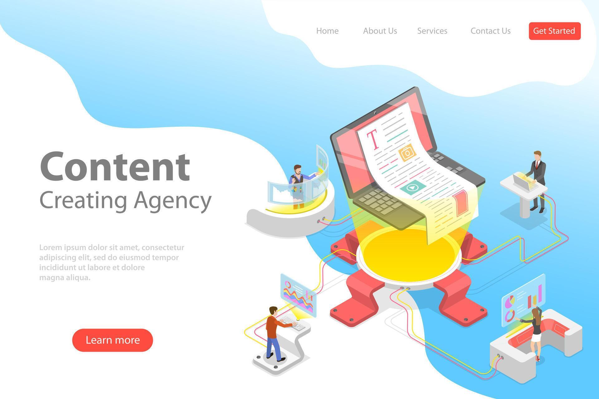 Flat isometric landing pate template of content creating, copywriting ...