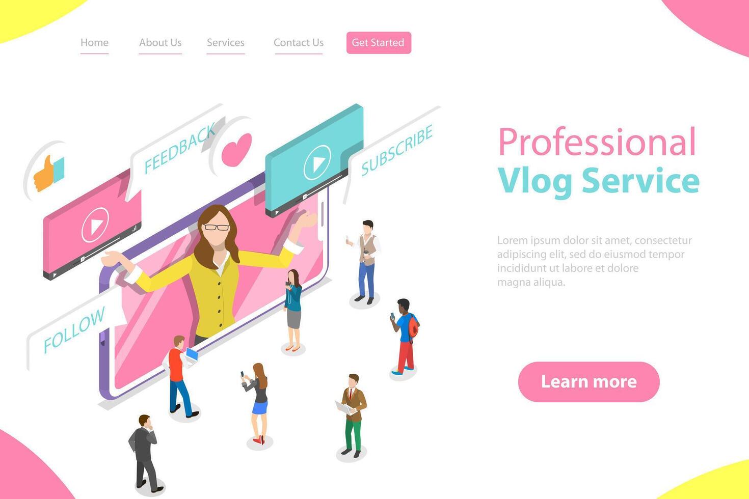 Flat isometric landing page template of vlog, blog, online channel. 43247278 Vector Art at Vecteezy