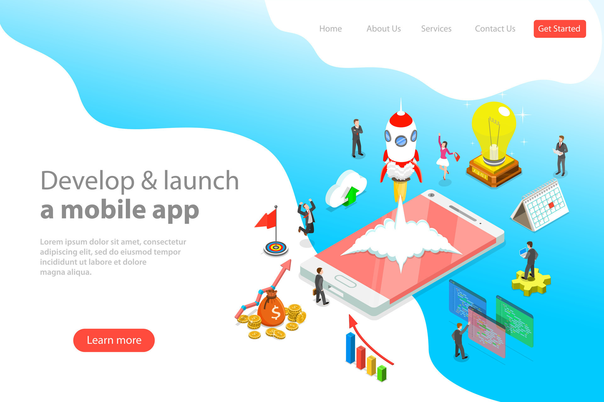 Flat isometric landing page templare of mobile app launch. 43247360 ...