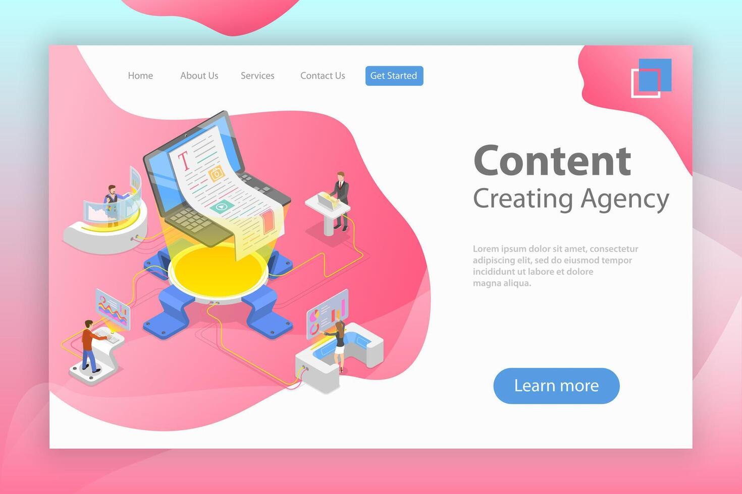 Flat isometric landing pate template of content creating, copywriting ...