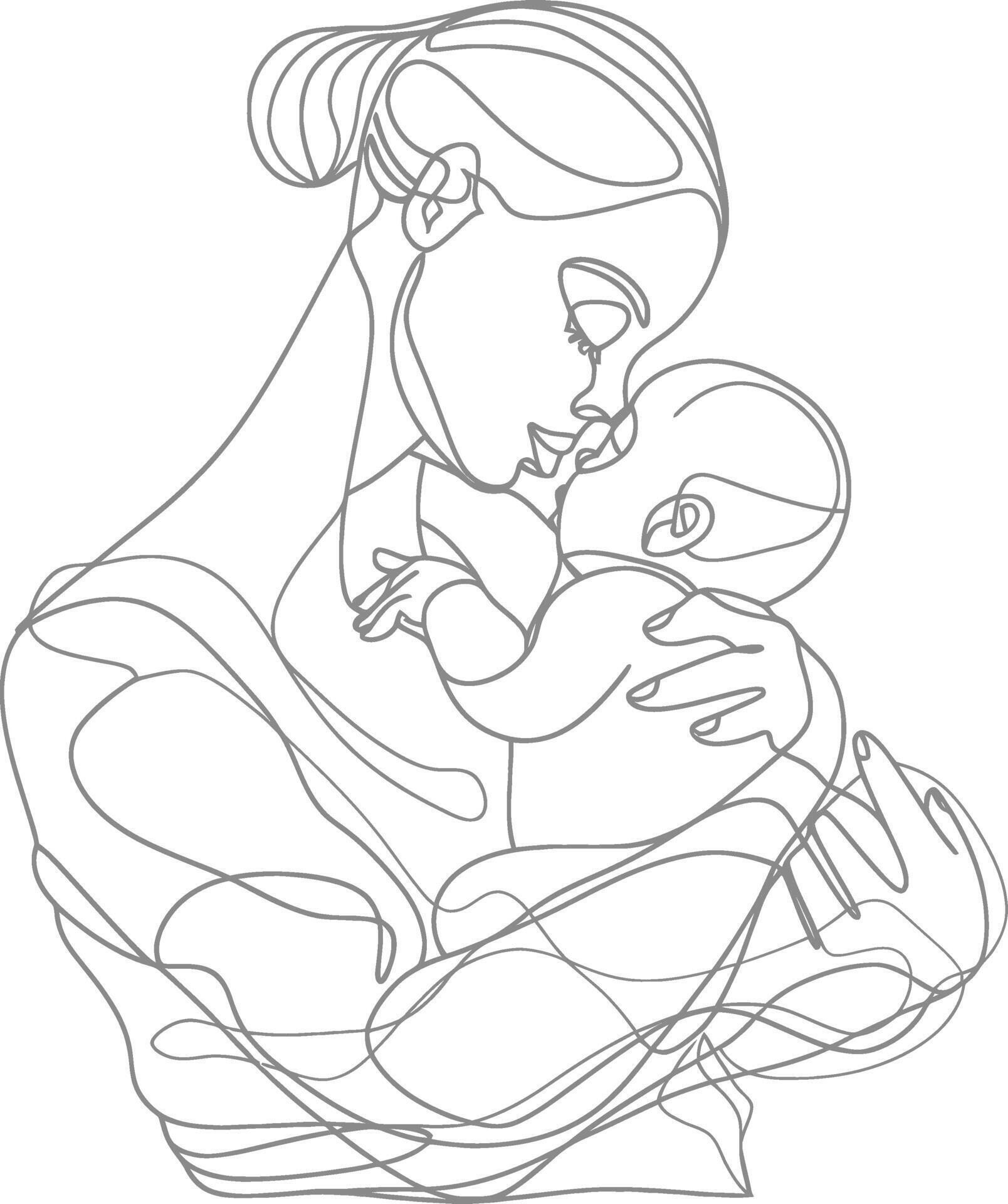 One continuous line drawing of mother holding baby black color only ...