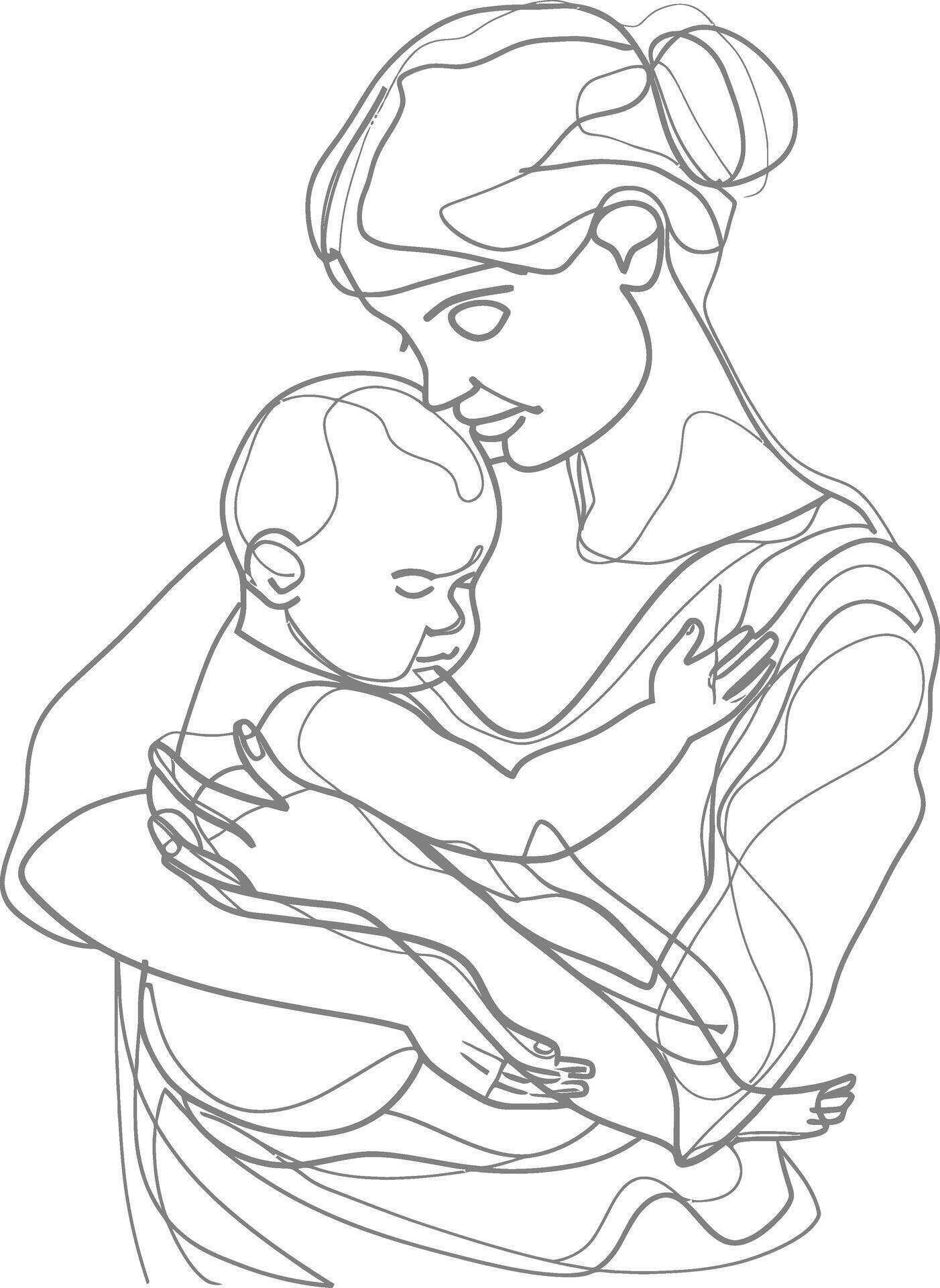 One continuous line drawing of mother holding baby black color only ...
