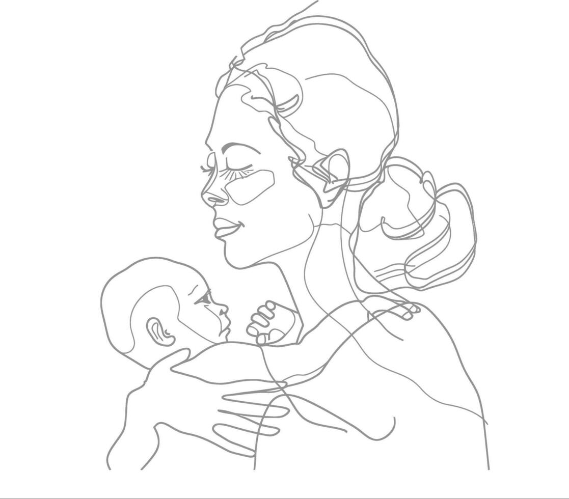 One continuous line drawing of mother holding baby black color only ...
