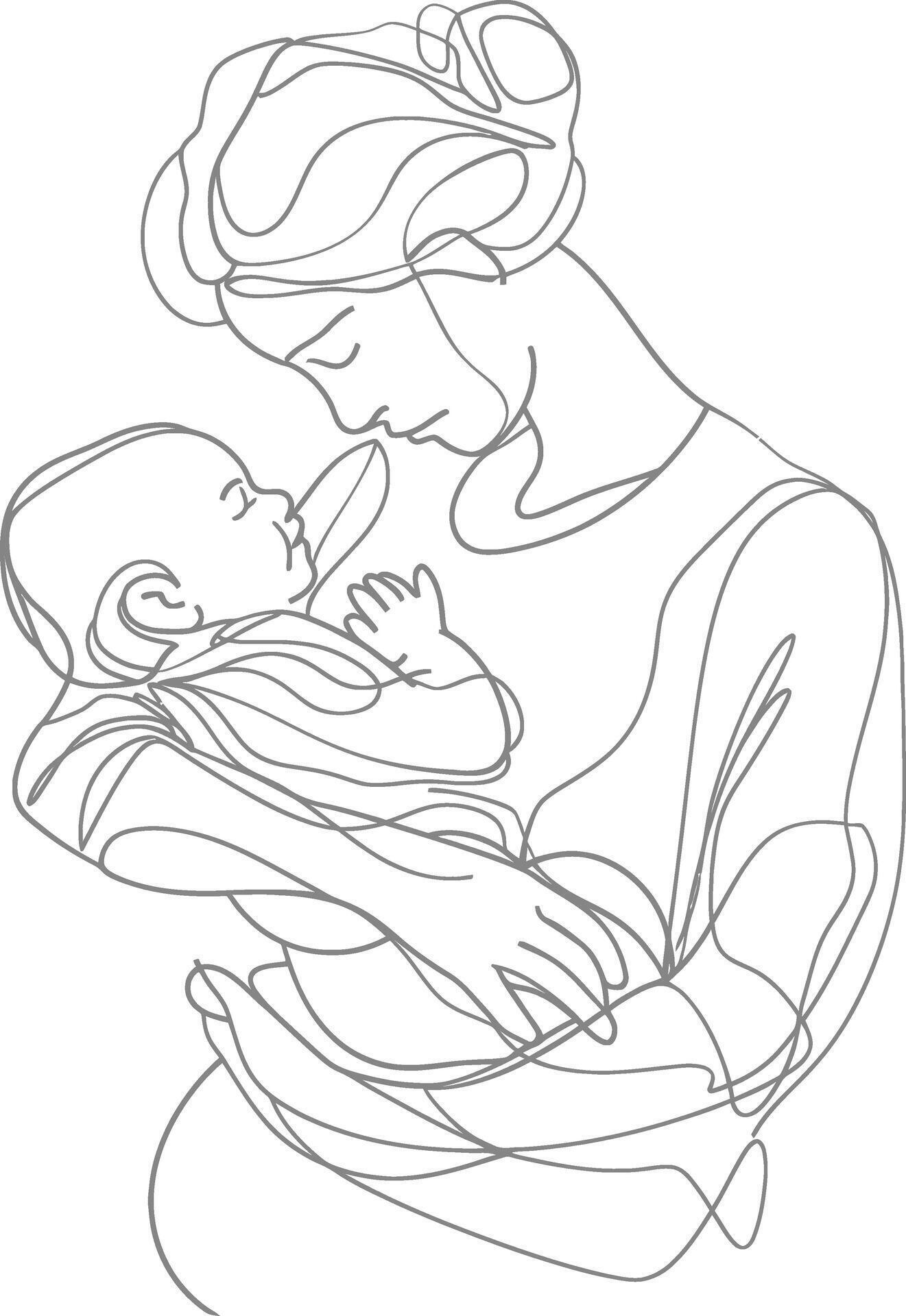 One continuous line drawing of mother holding baby black color only ...