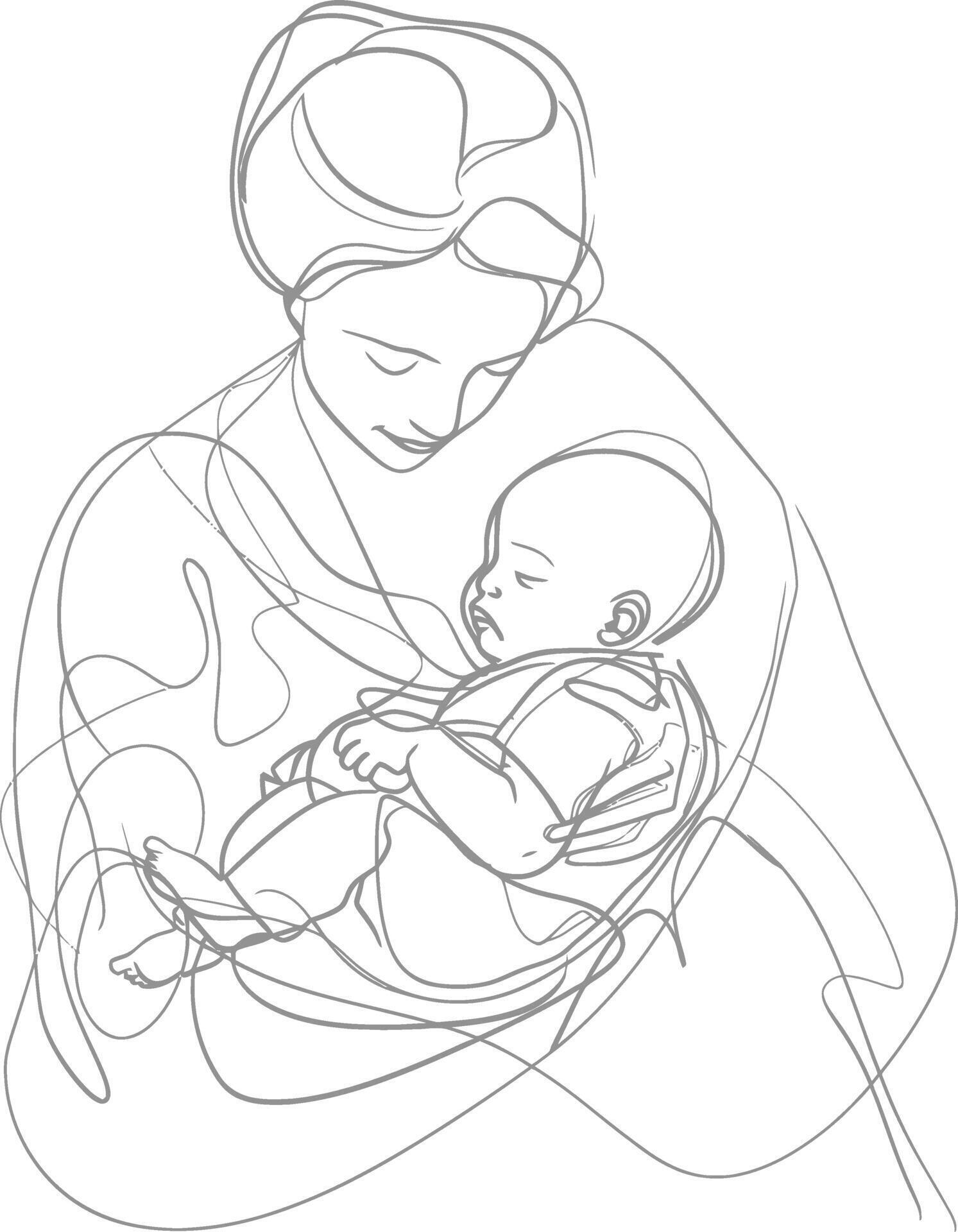 One continuous line drawing of mother holding baby black color only ...