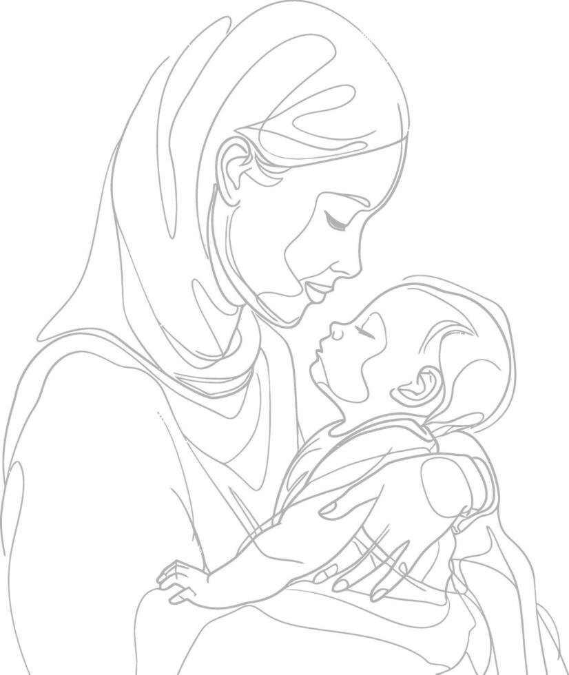 One continuous line drawing of mother holding baby black color only ...