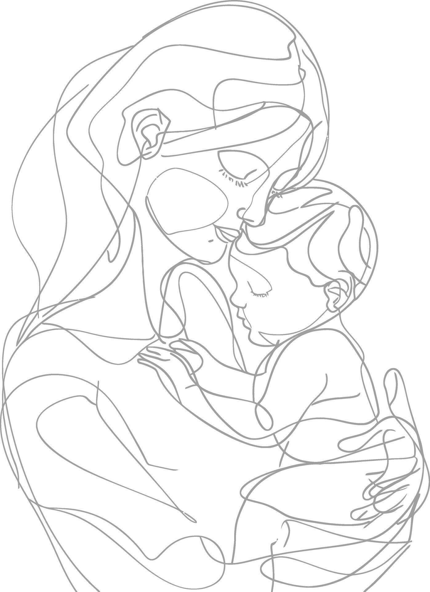 One continuous line drawing of mother holding baby black color only ...