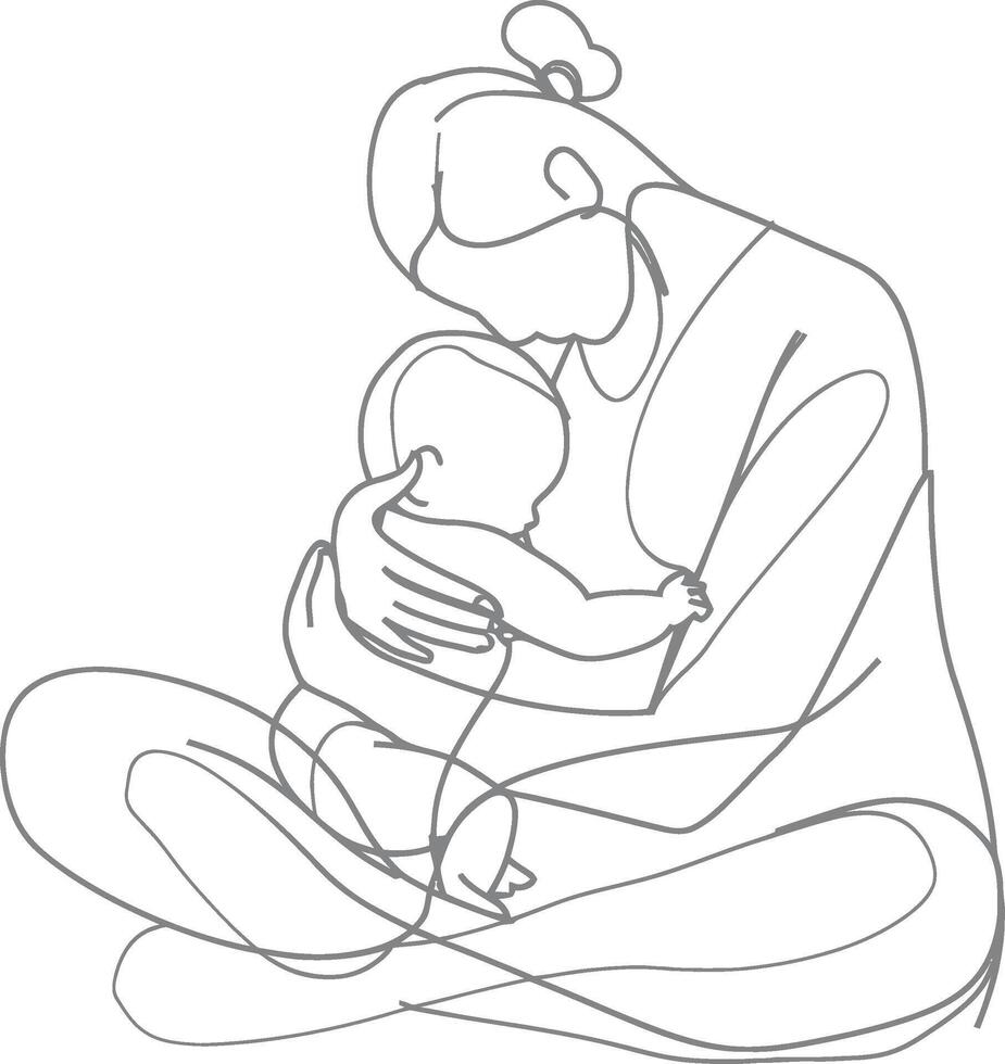 One continuous line drawing of mother holding baby black color only ...